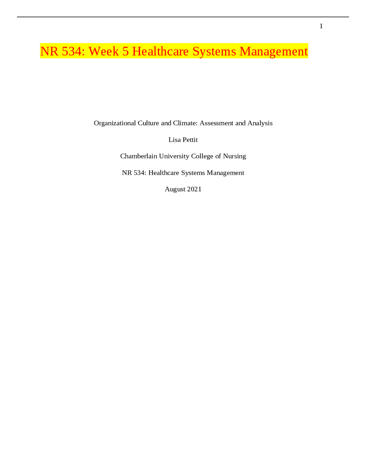 NR 534: Week 5 Healthcare Systems Management | Exams Nursing | Docsity