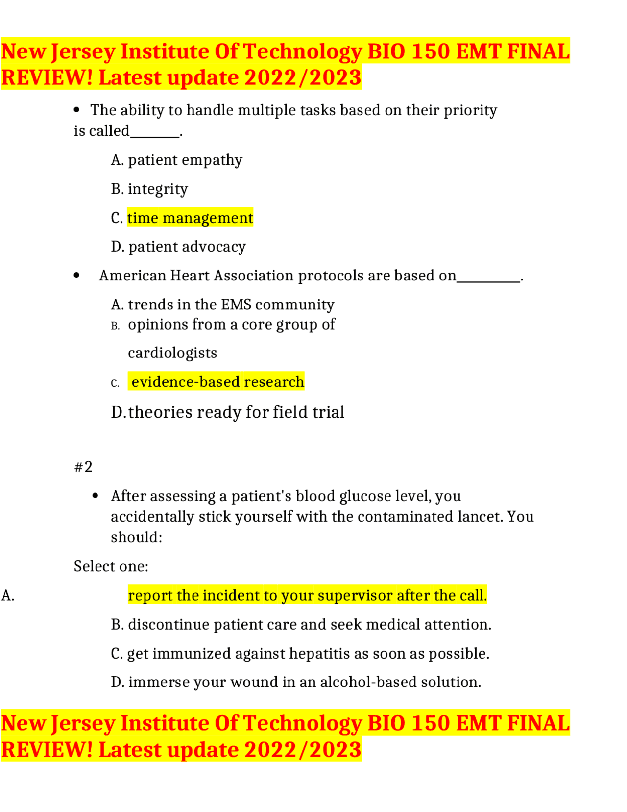 New Jersey Institute Of Technology BIO 150 EMT FINAL REVIEW! Latest ...
