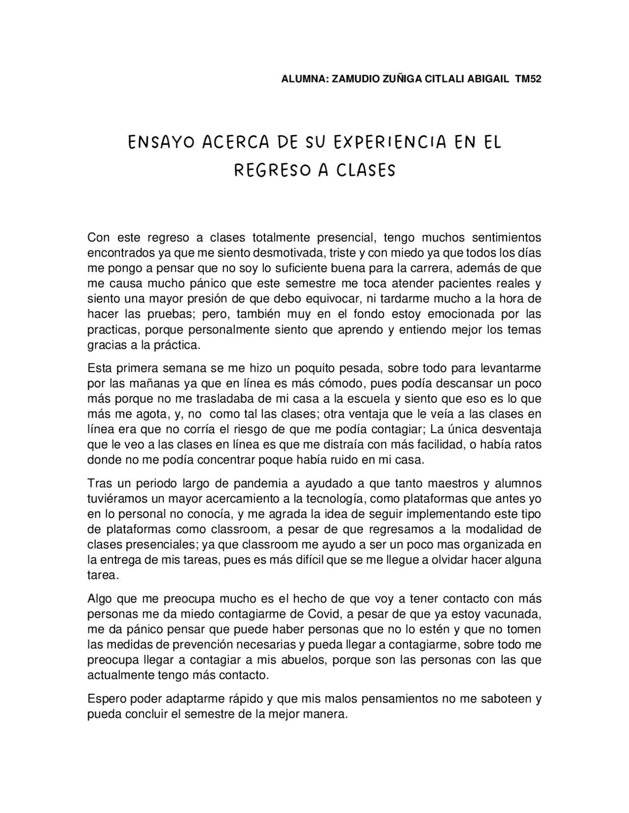 Experiencia personal de Citlali Abigail Zamudio Zuñiga al regresar a ...