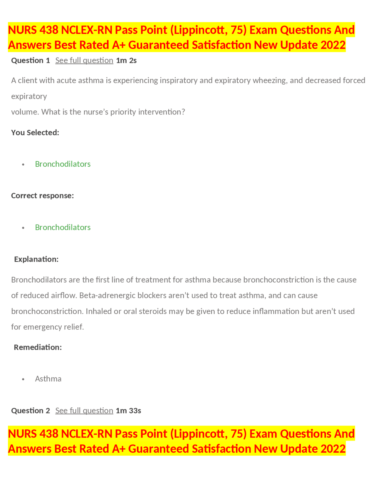 NURS 438 NCLEX-RN Pass Point (Lippincott, 75) Exam Questions And ...