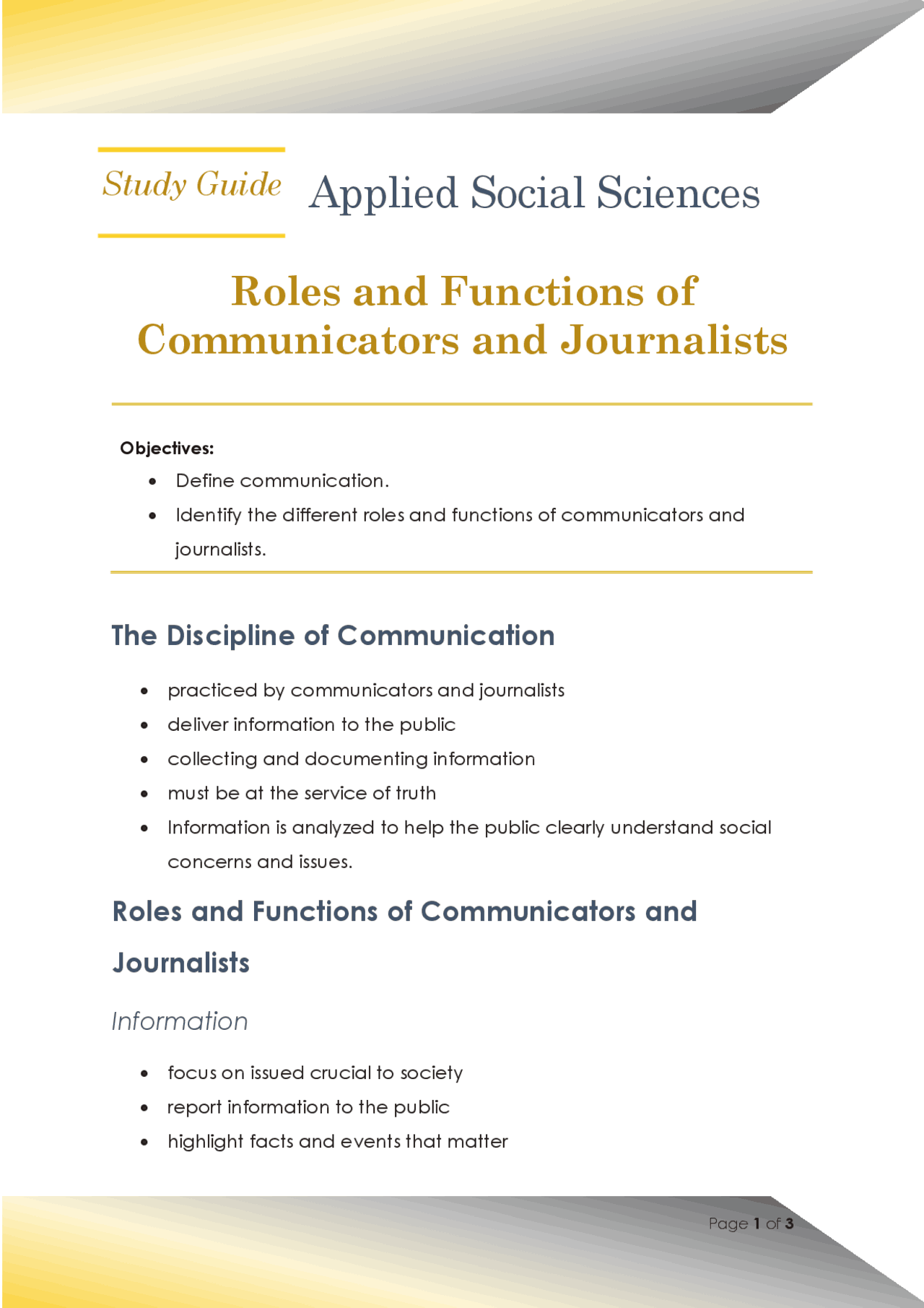Roles and Functions of Communication and Journalism - study guide ...