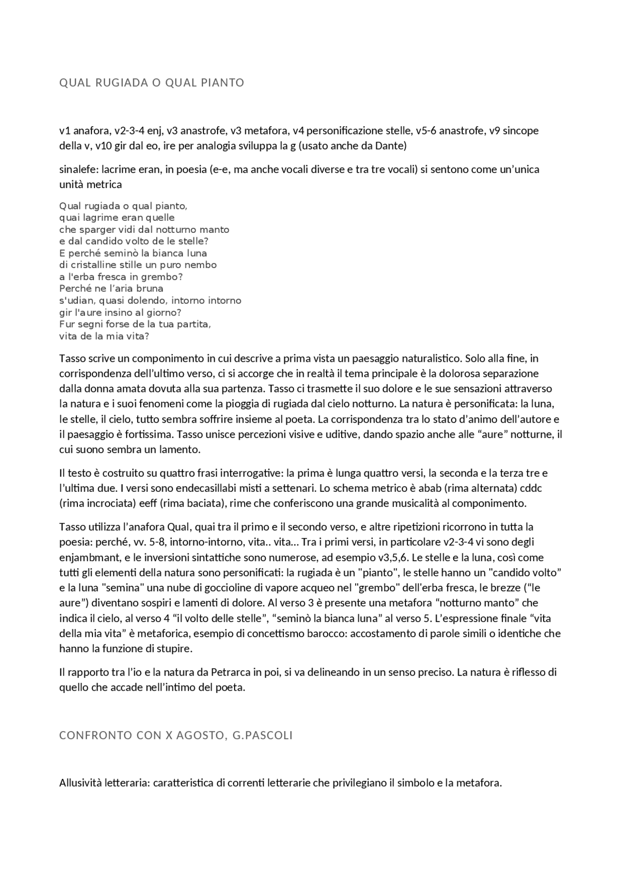 Analisi E Confronto Tra Qual Rugiada O Qual Pianto Tasso E X