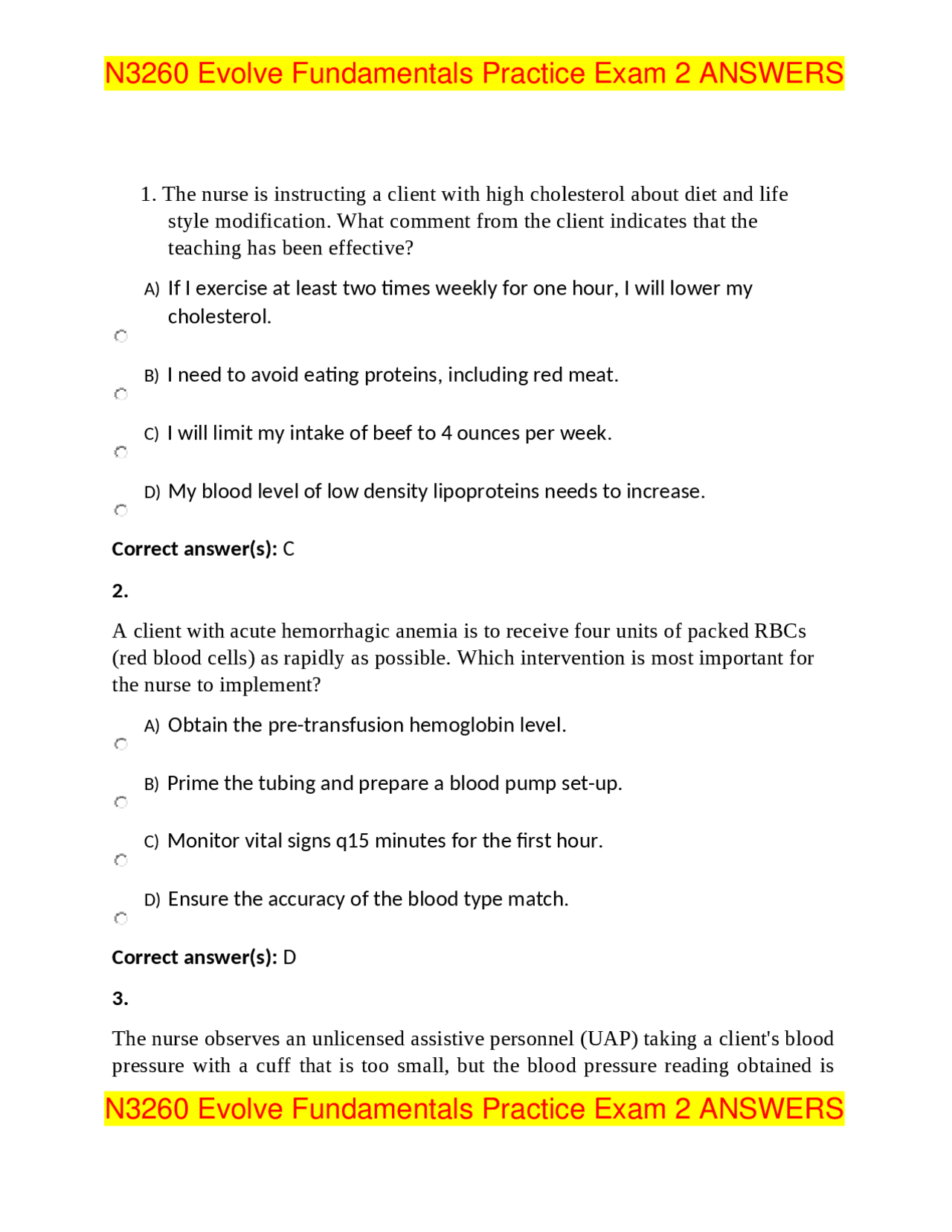N3260 Evolve Fundamentals Practice Exam 2 Answers Exams Nursing Docsity