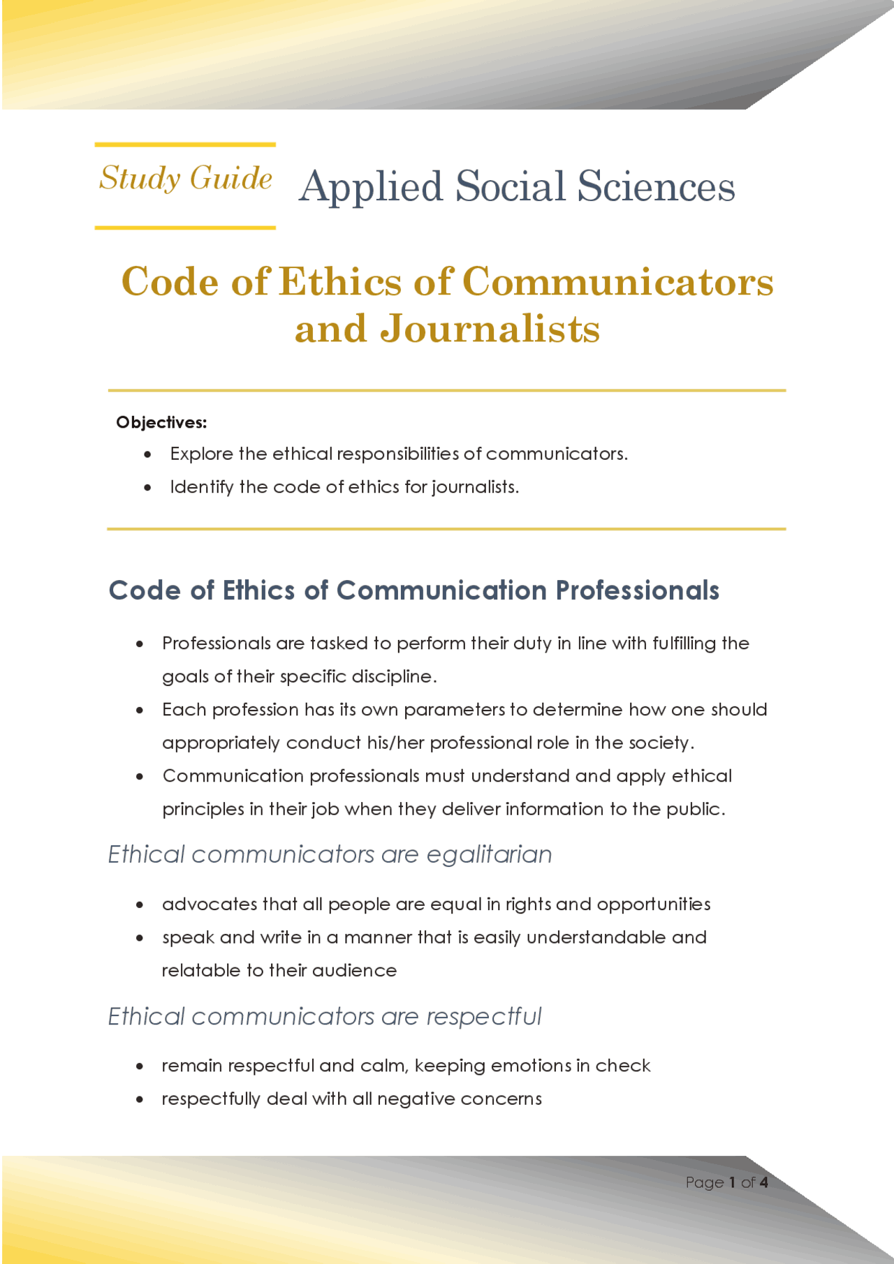 Code of Ethics of Communicators - study guide | Study notes Journalism ...