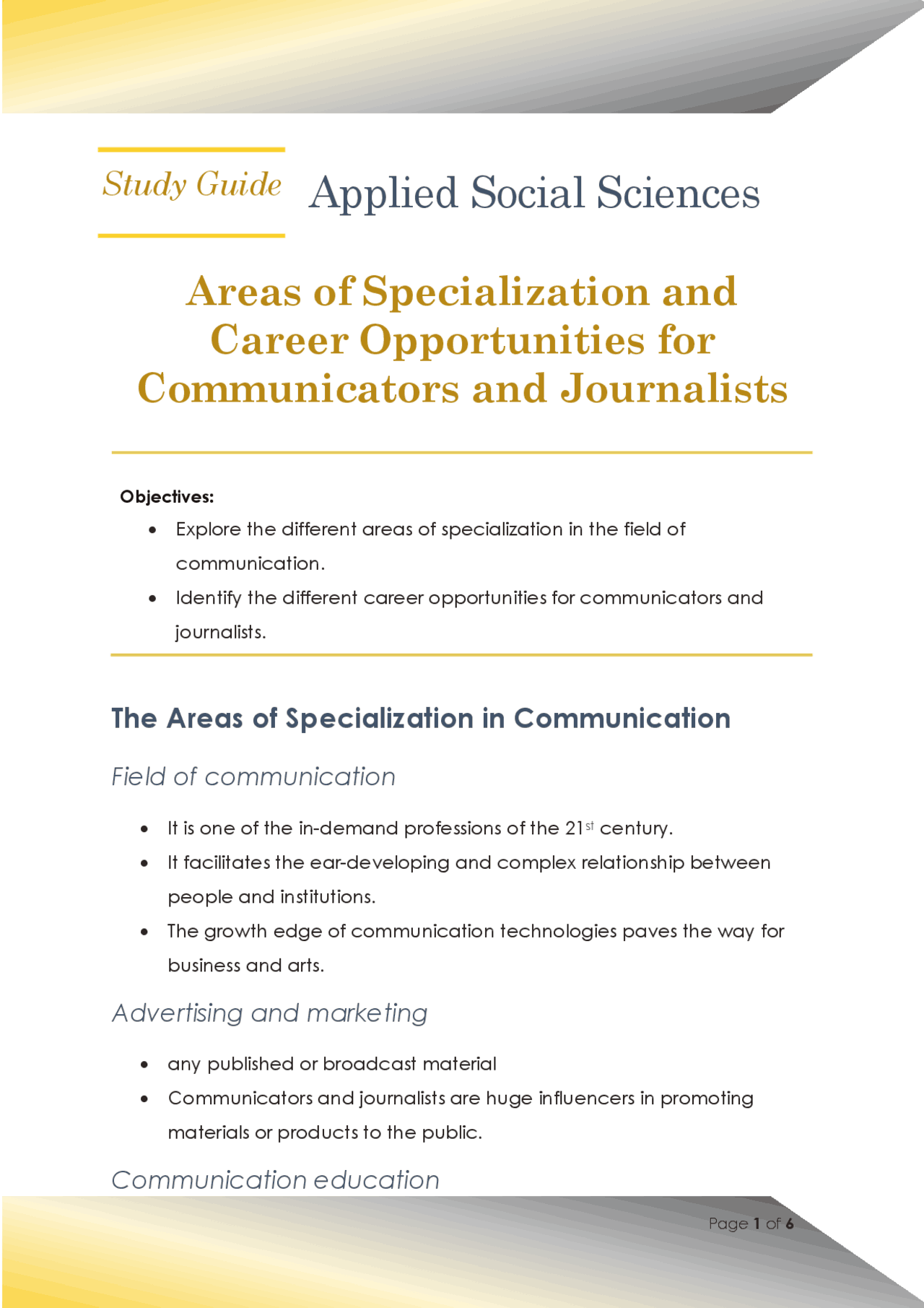 Areas of Specialization for Communicators - Study Guide | Study notes ...