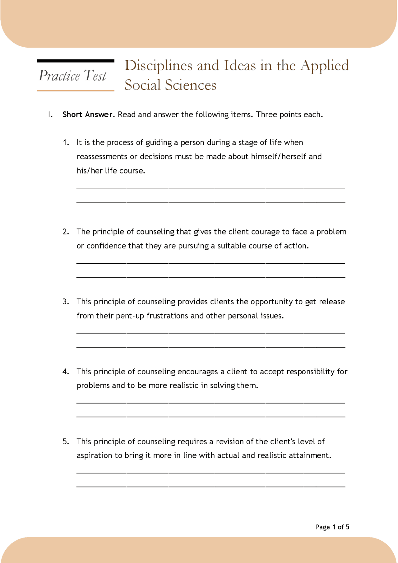 Counseling - practice test with answers | Exams Psychology | Docsity