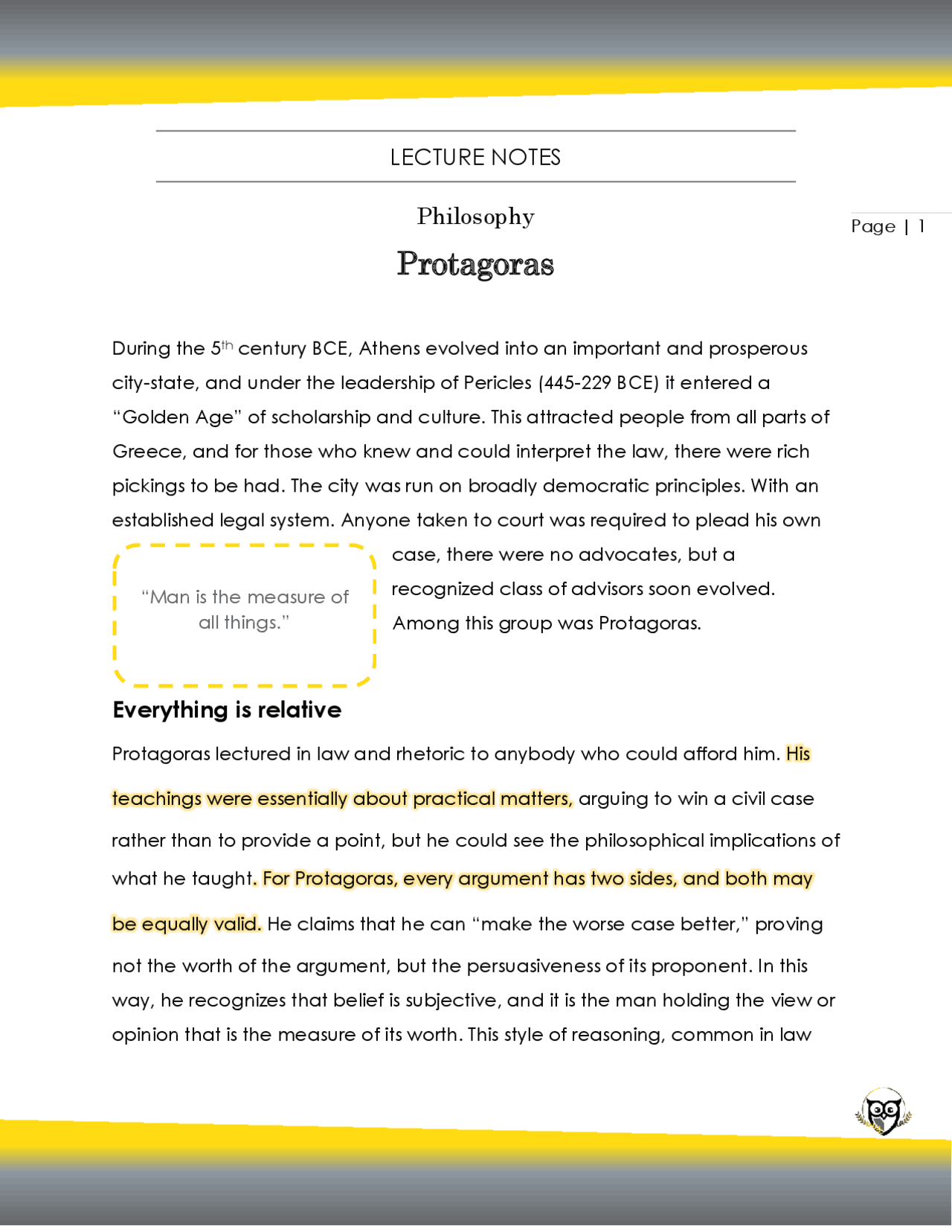 Protagoras - lecture notes | Lecture notes Philosophy | Docsity