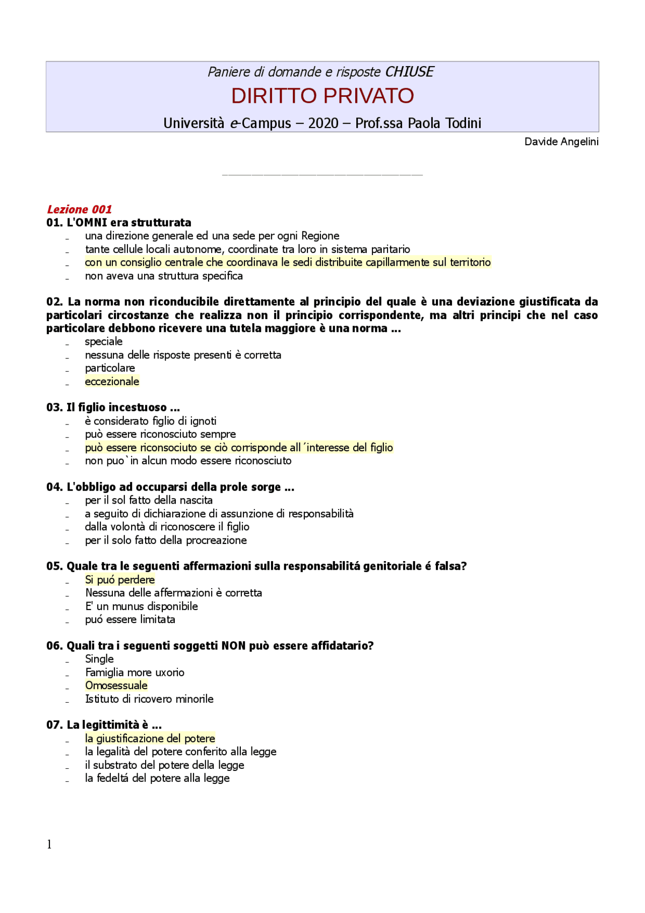 Paniere Risposte Chiuse Diritto Privato Ecampus Prof Todini