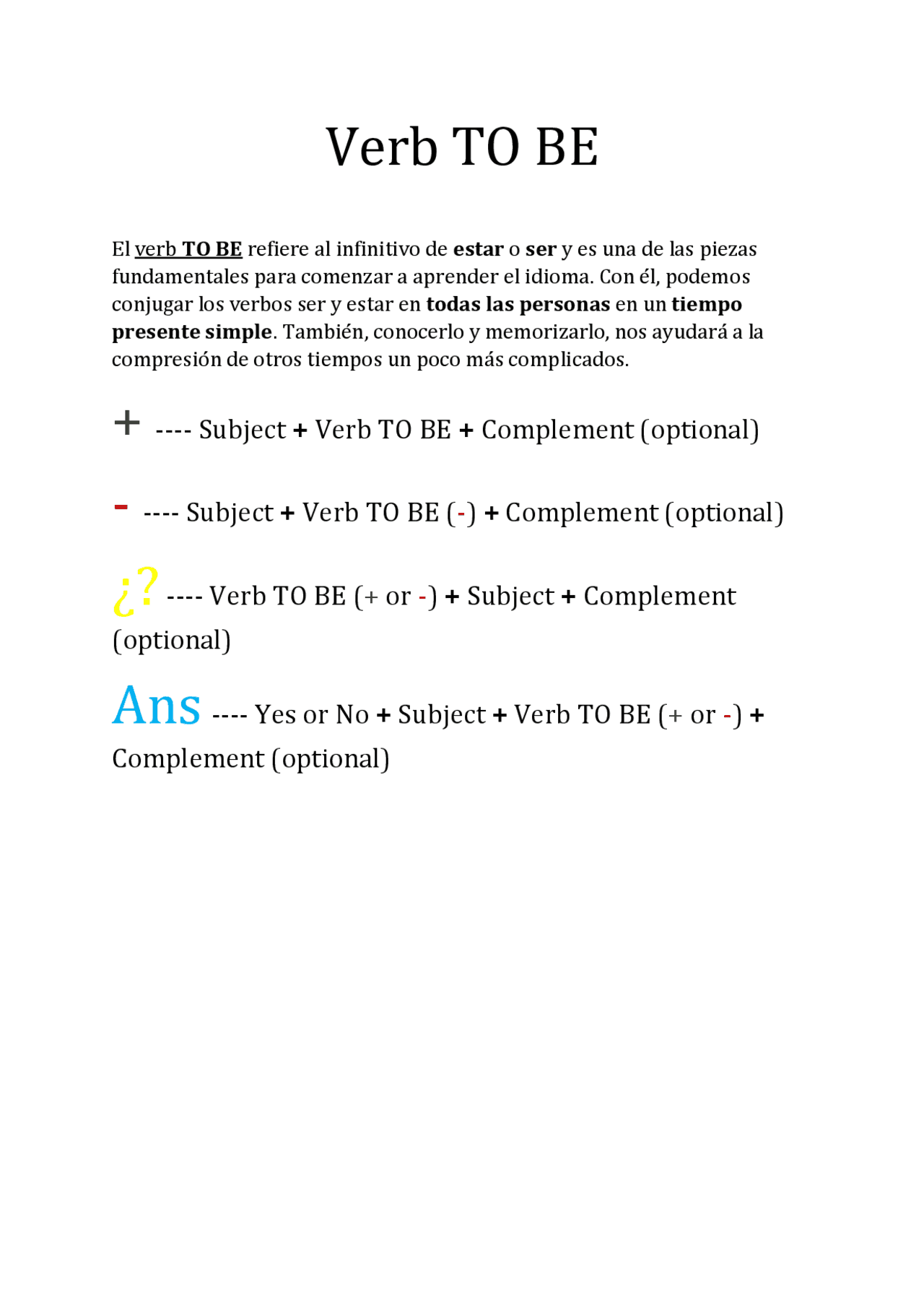 Verb TO BE (affirmative, negative, interrogative and how to answer ...
