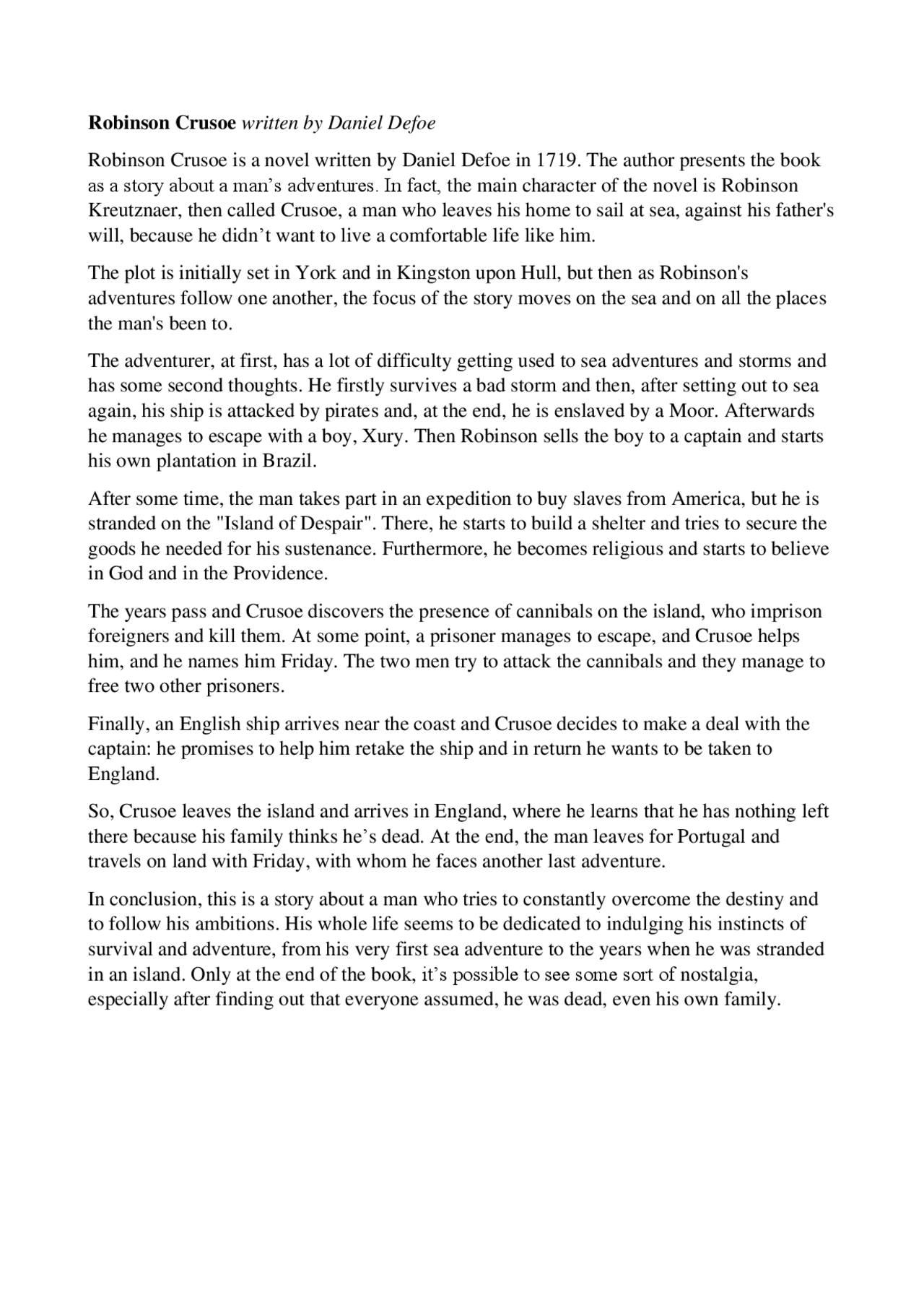 Robinson Crusoe - Book Review | Esercizi di Inglese | Docsity