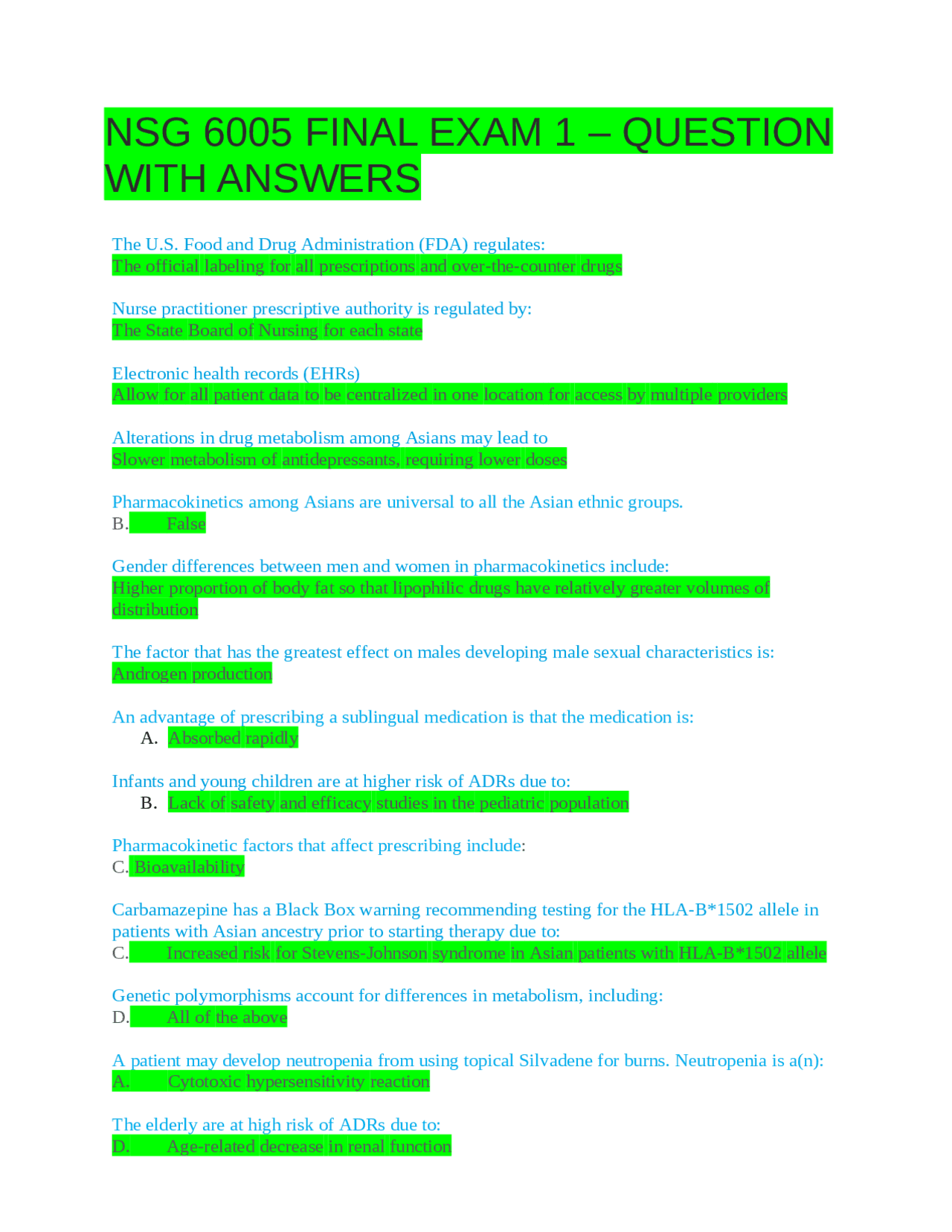 Nsg 6005 Final Exam 1 Question With Answers Exams Nursing Docsity