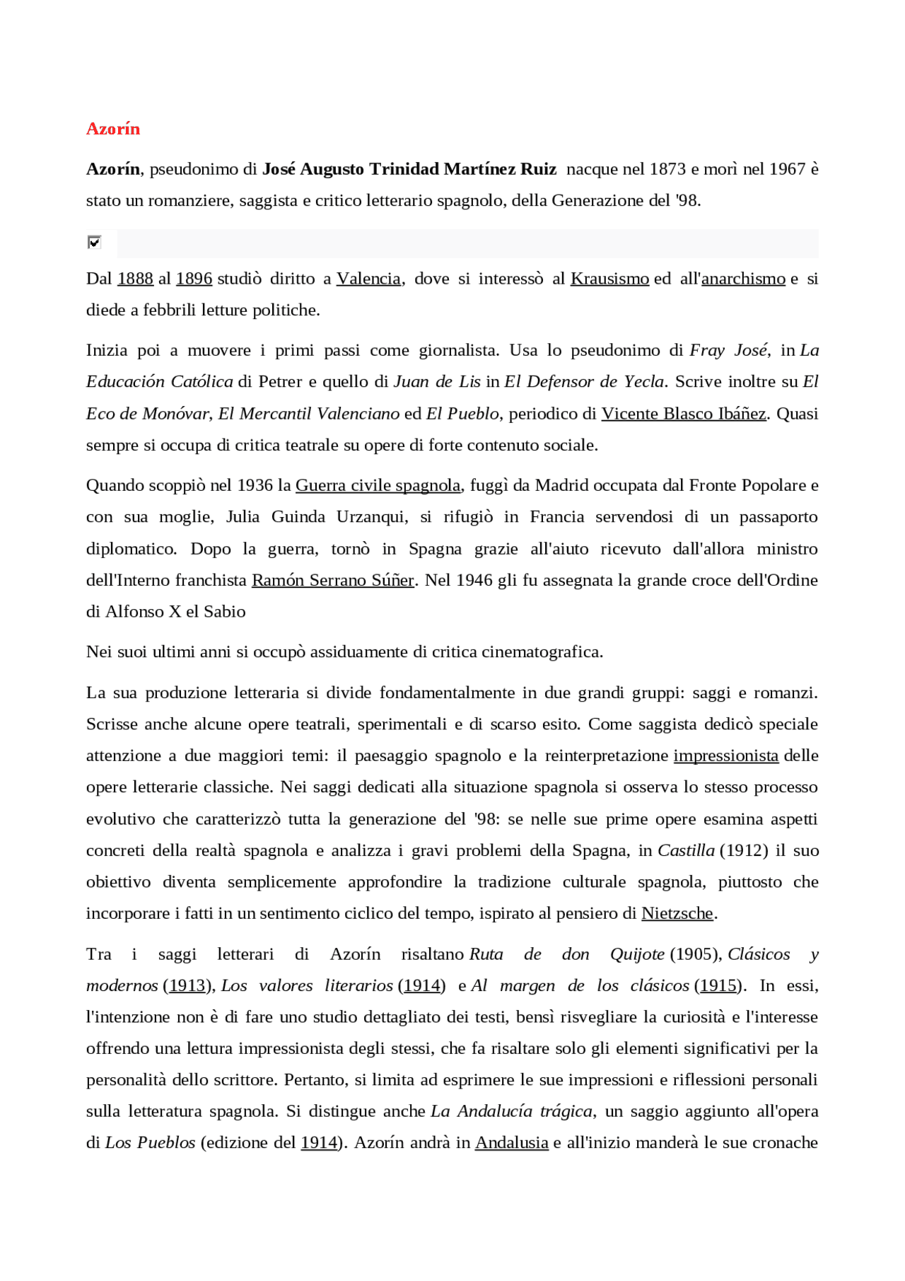 Riassunto Poetica Di Azorìn Appunti Di Letteratura Spagnola Docsity