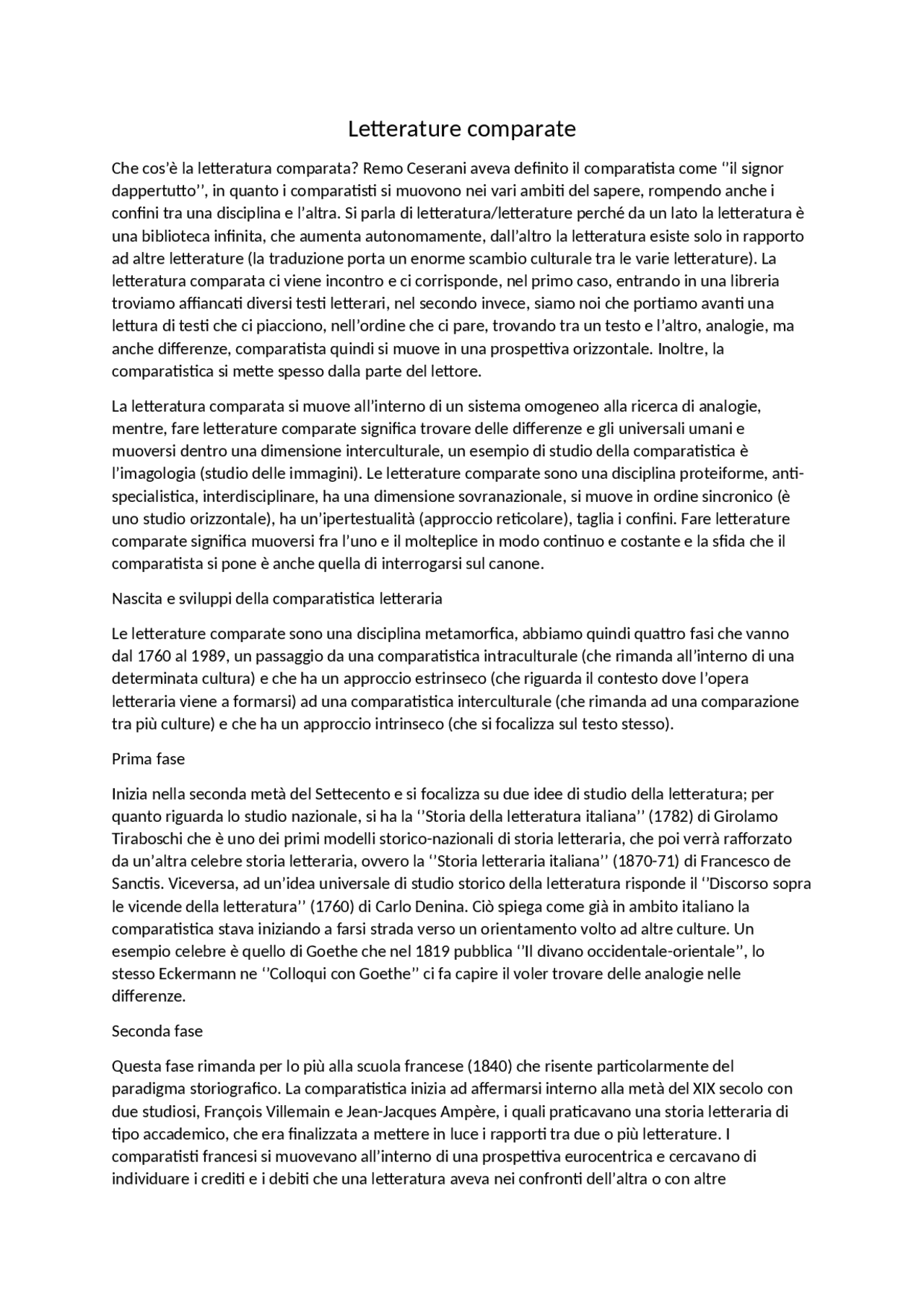 appunti letterature comparate | Appunti di Letterature comparate | Docsity