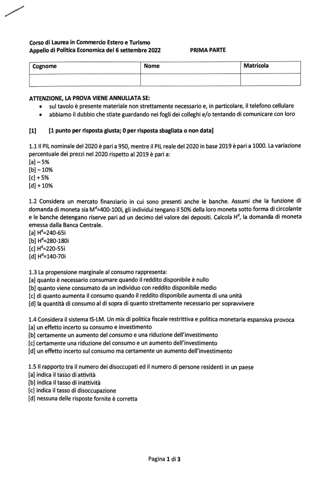 Esame 6092022 Macroeconomia Prof Roson Comes Unive Prove D