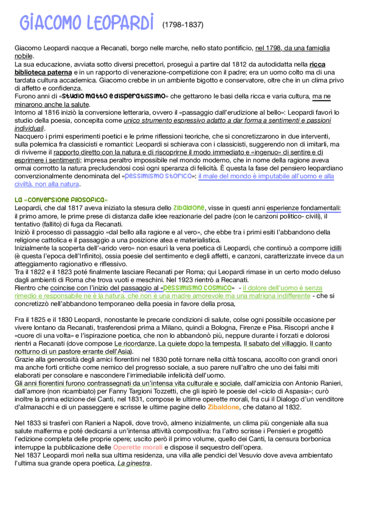 Vita, opere e pensiero di Giacomo Leopardi | Appunti di Italiano | Docsity