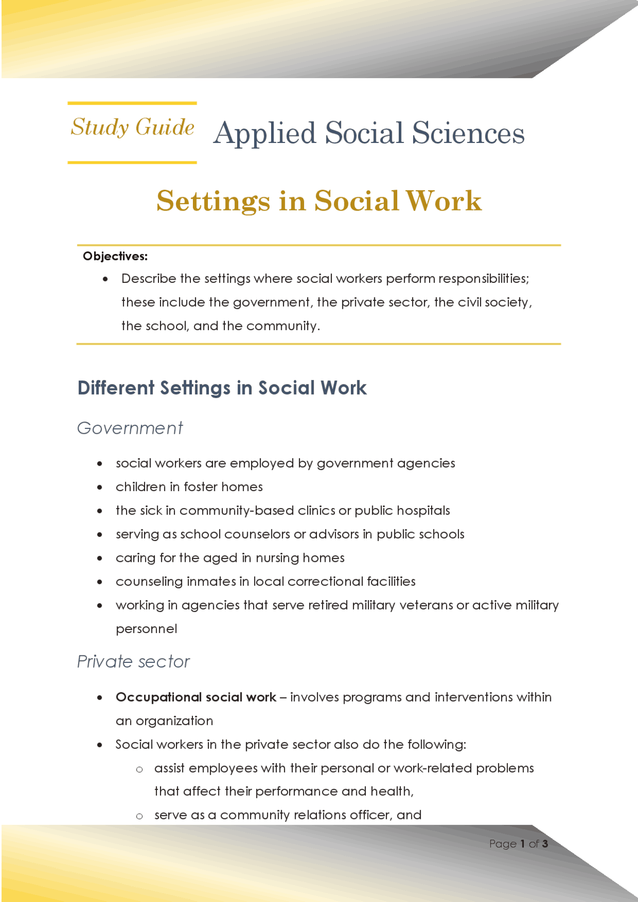 Settings in Social Work - study guide | Study notes Social Work - Docsity