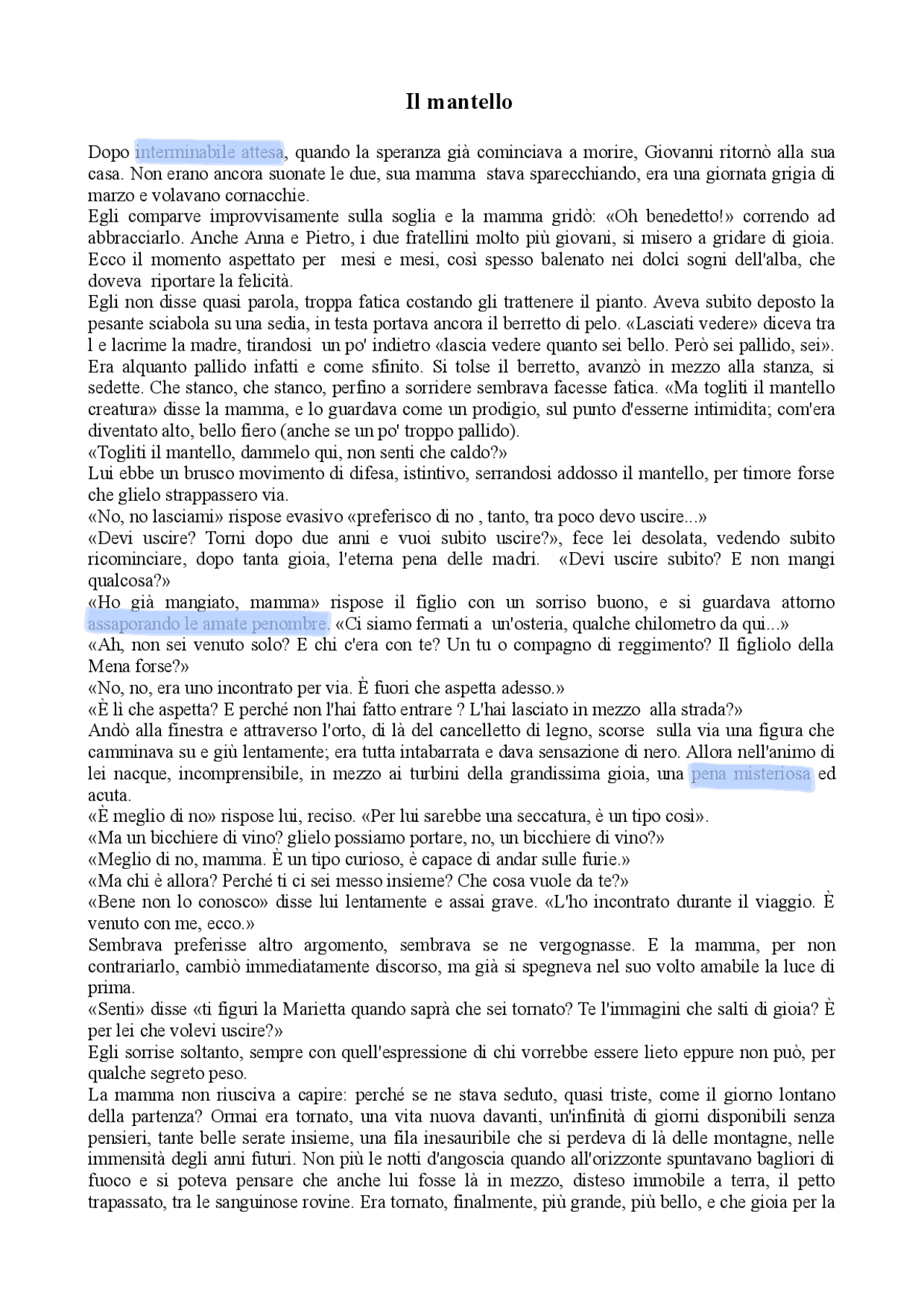 Comprensione “Il mantello” di Dino Buzzati | Esercizi di Italiano | Docsity