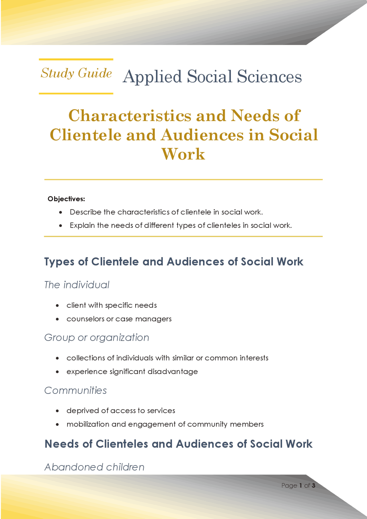 Clientele in Social Work - study guide | Study notes Social Work - Docsity