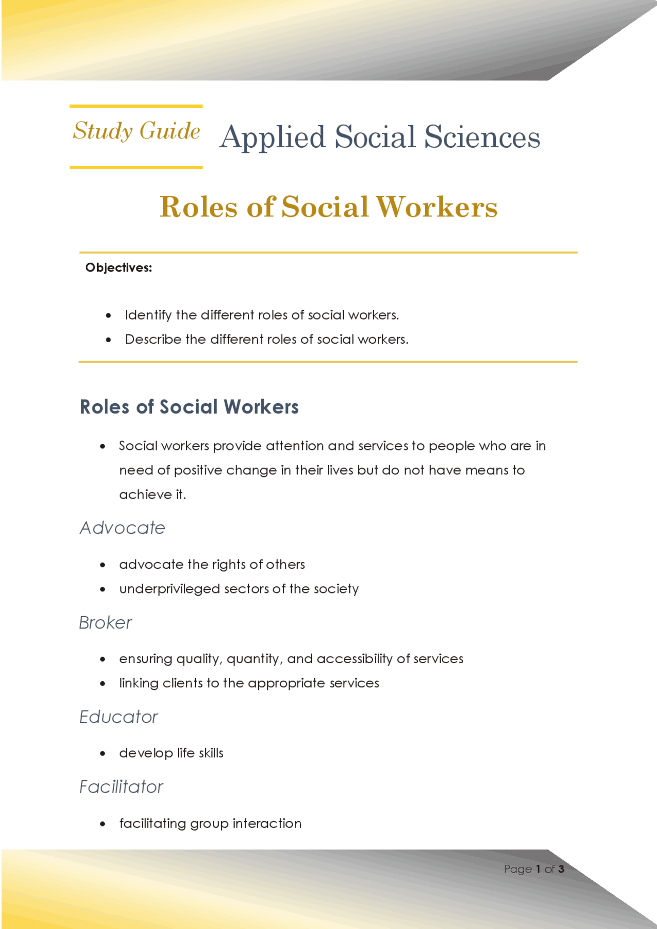 Roles of Social Workers - study guide | Study notes Social Work - Docsity