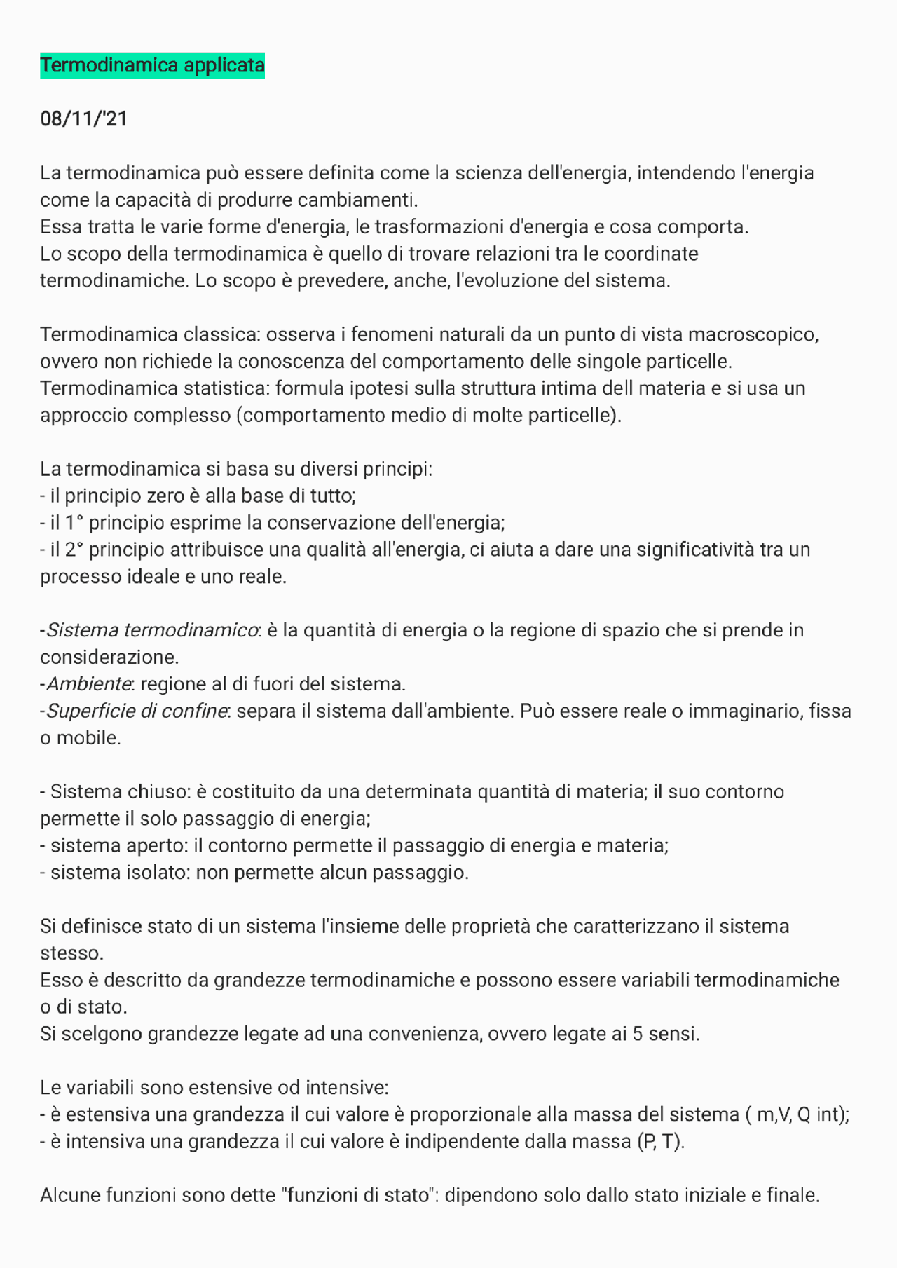 Appunti termodinamica parte 1 | Appunti di Fisica Tecnica | Docsity