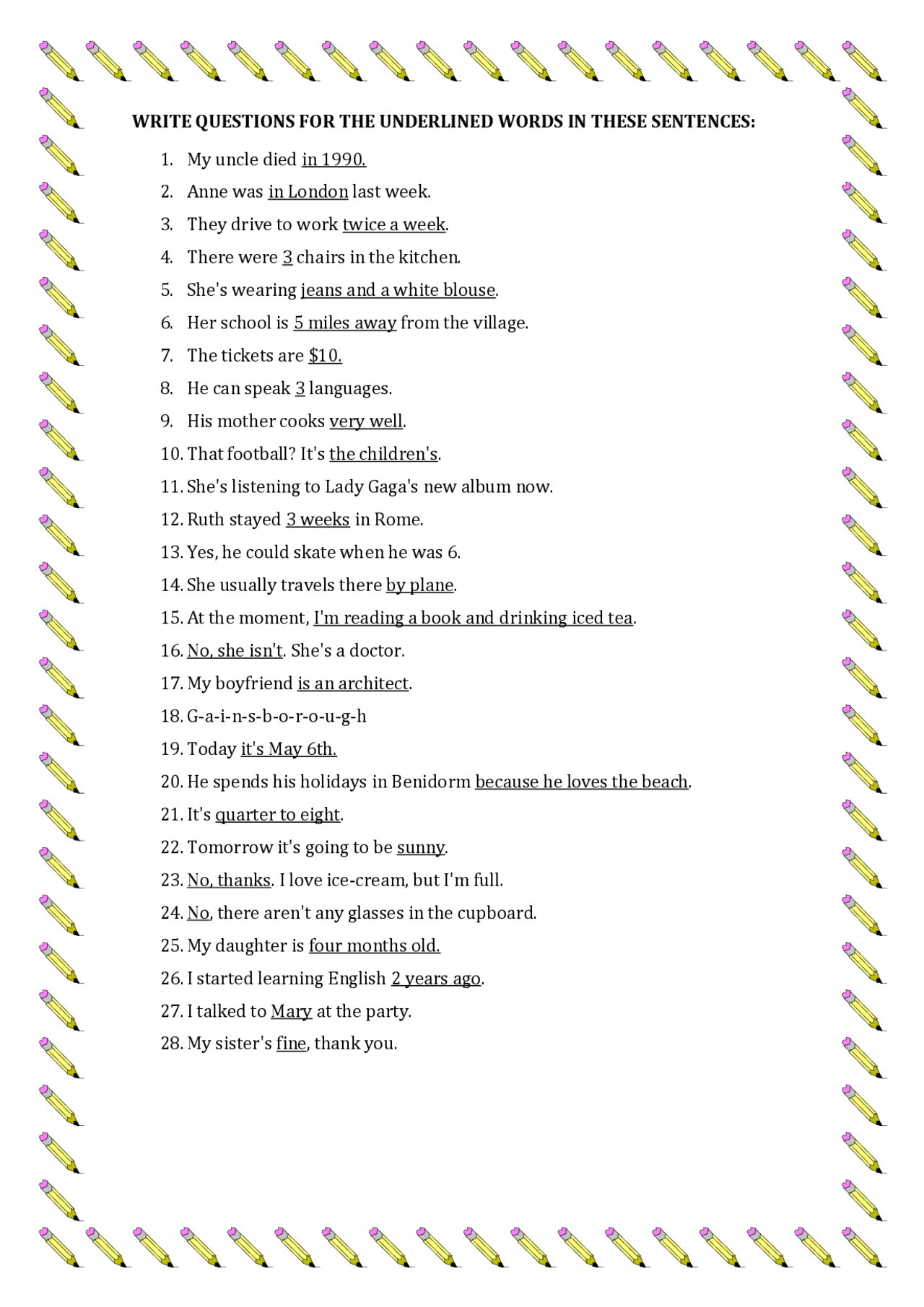 Ejercicio para practicar las preguntas en inglés | Ejercicios de Inglés ...