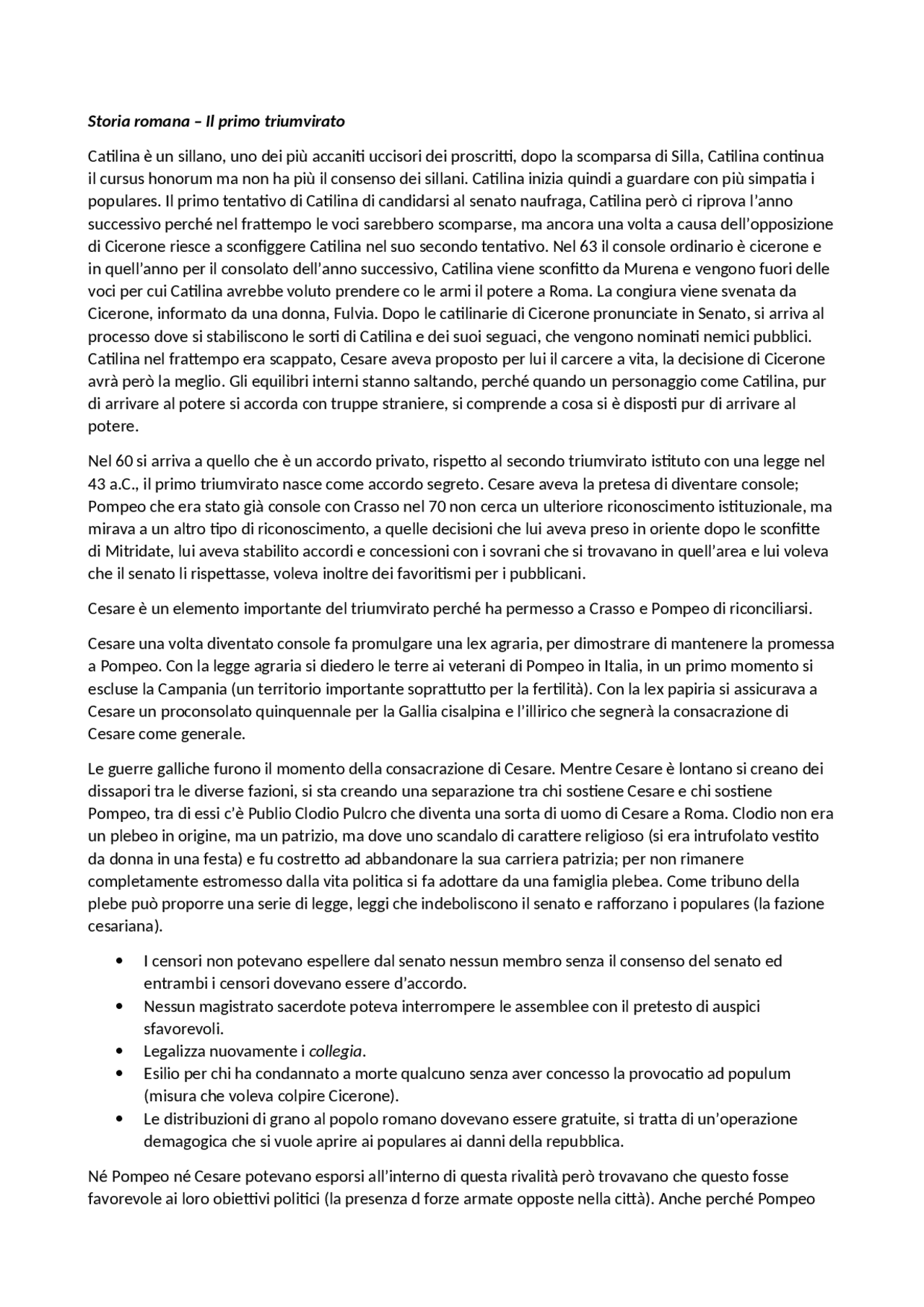 Il primo triumvirato | Appunti di Storia Romana - Docsity