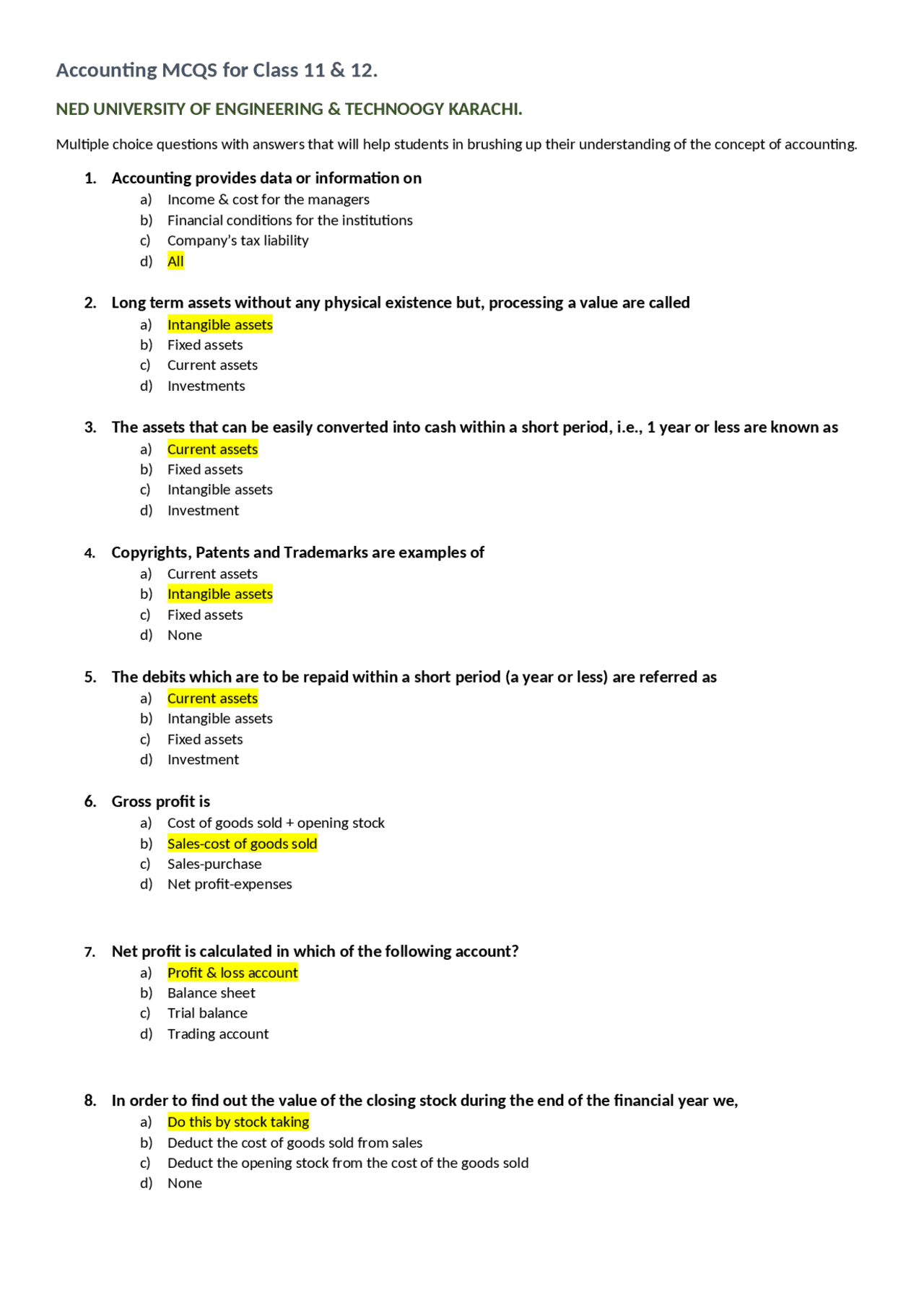Accounting exams preparation mcqs | Quizzes Accounting - Docsity