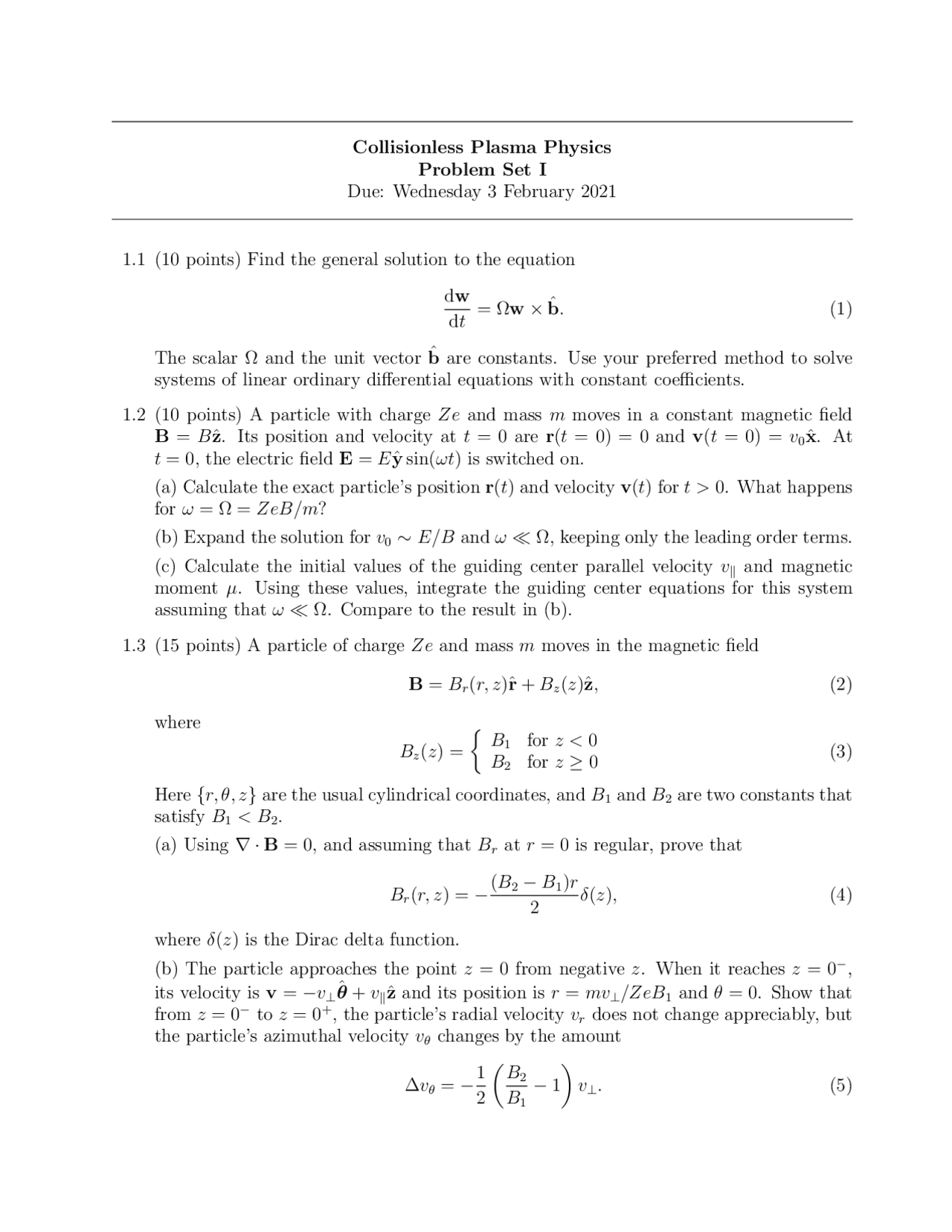 Collisionless Plasma Physics Problem Set I Due Lecture Notes Plasma