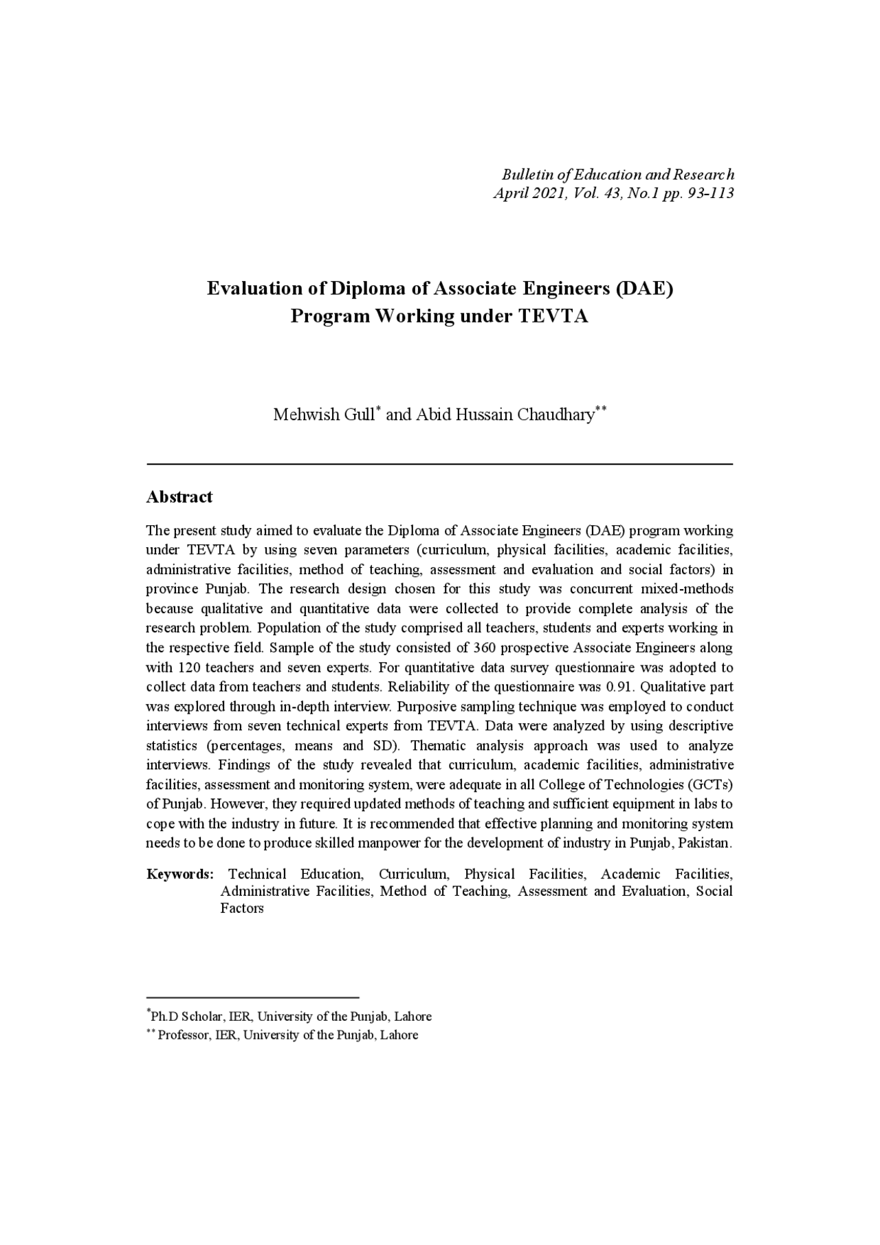 Evaluation Of Diploma Of Associate Engineers Dae Program