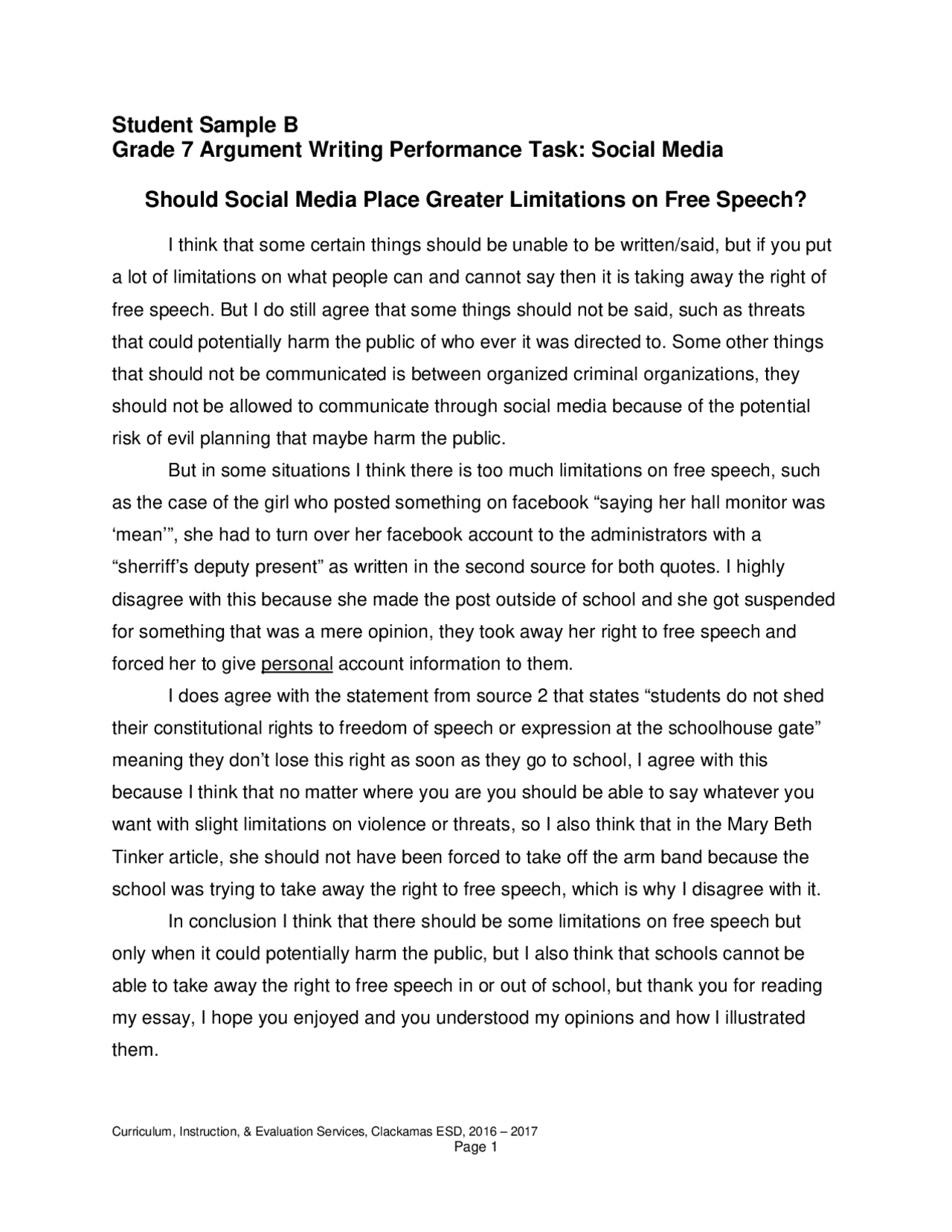 Student Sample B Grade 7 Argument Writing Performance Task | Study ...