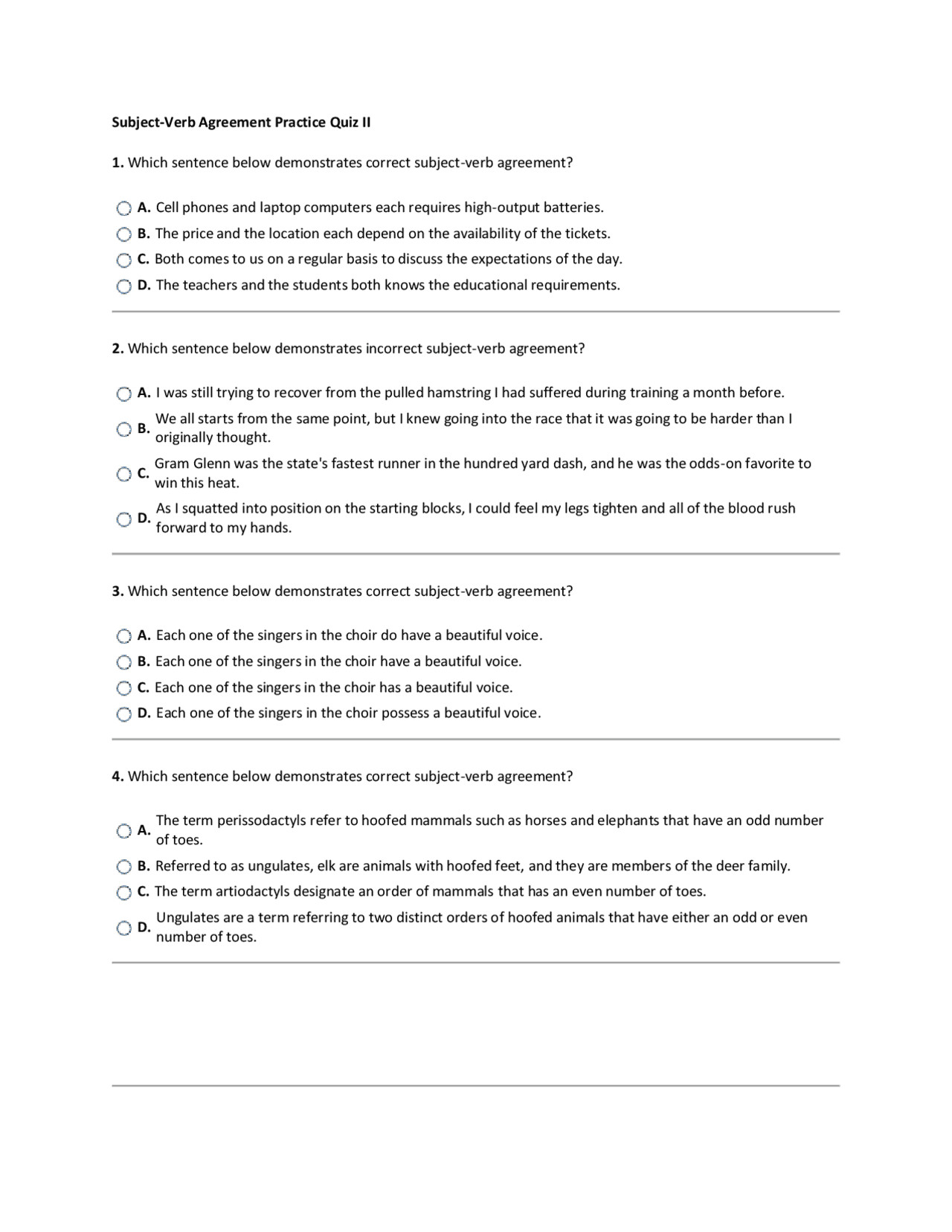 Subject-Verb Agreement Practice Quiz II 1. Which sentence ... | Study ...