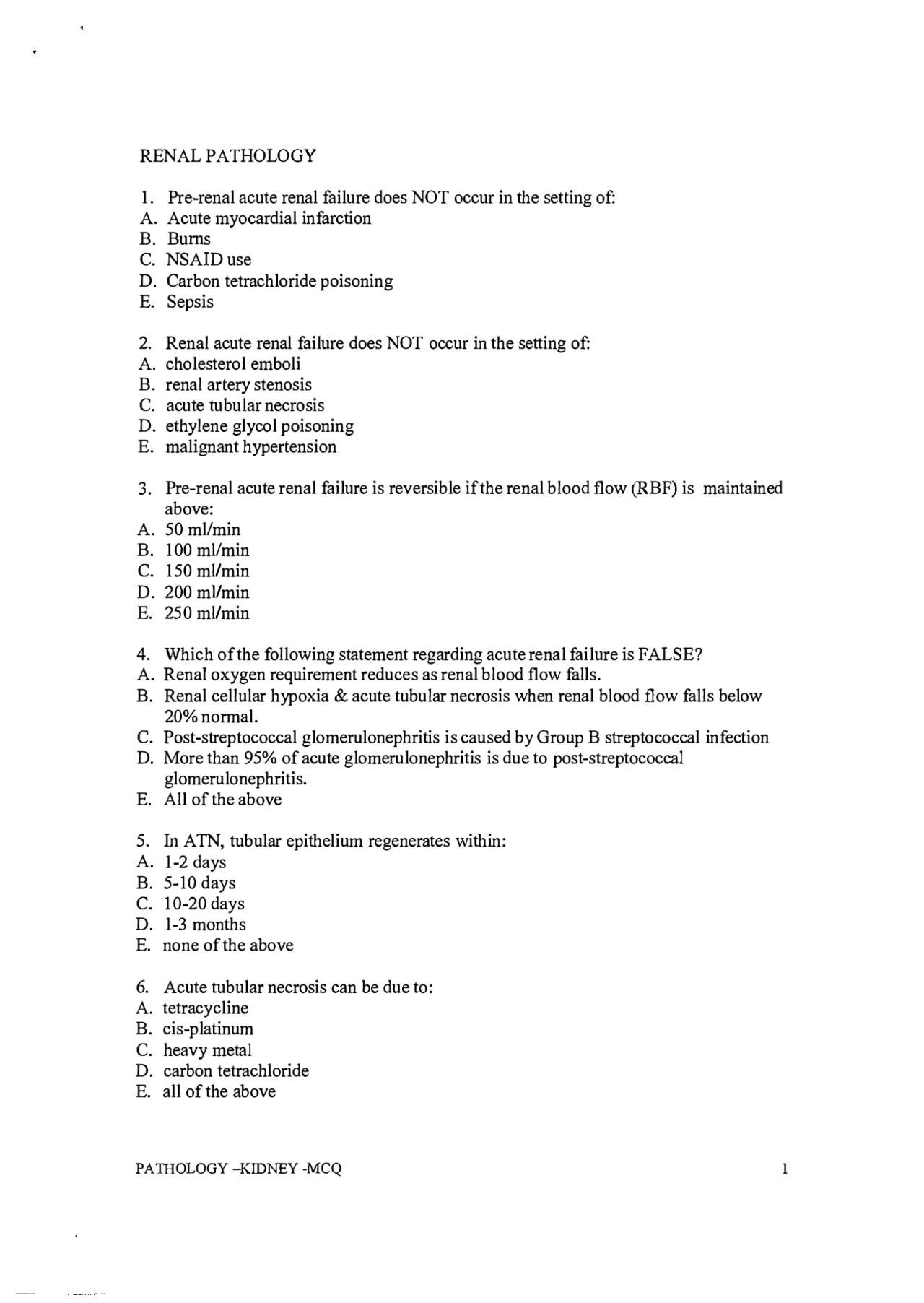 PATHOLOGY -KIDNEY ·MCQ | Study notes Pathology | Docsity