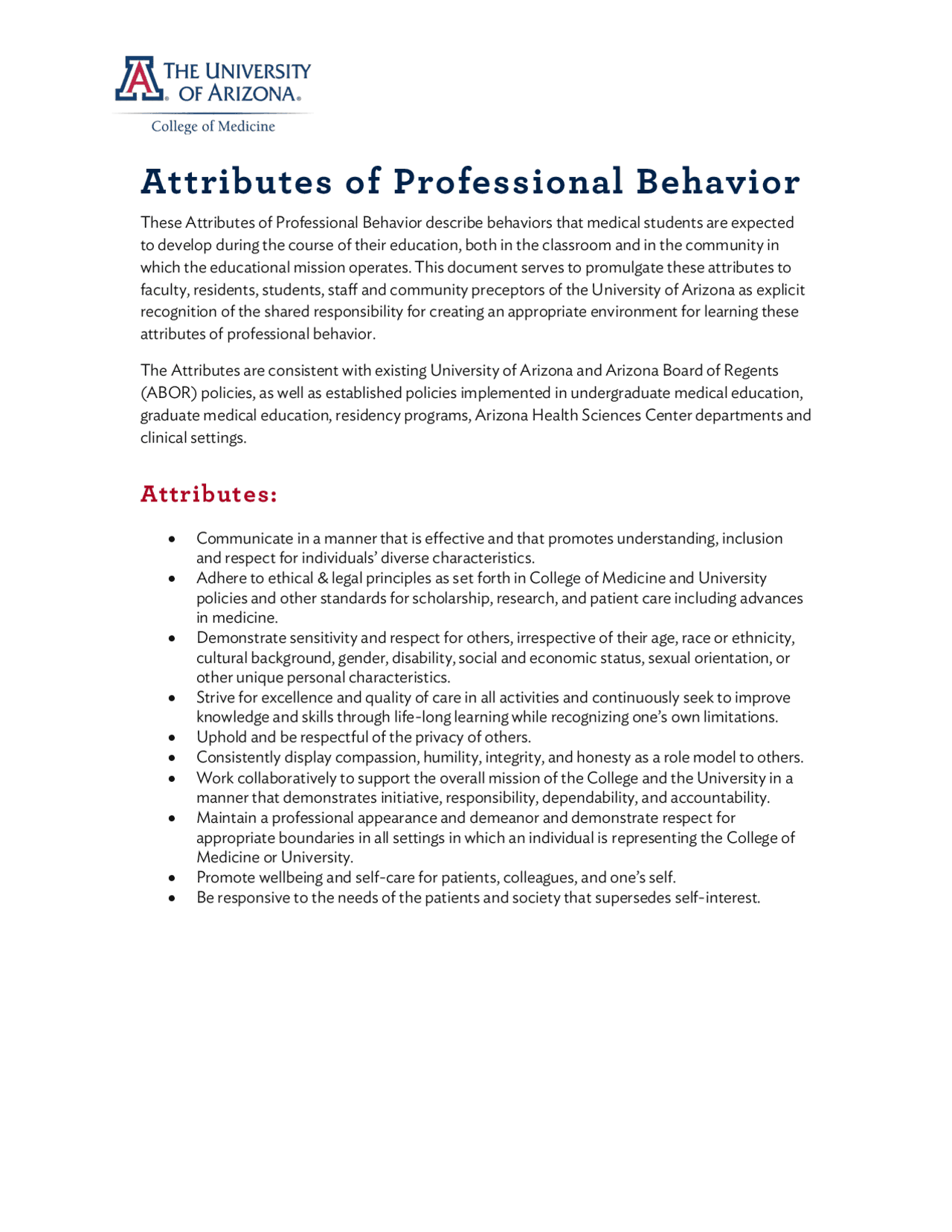 Professional Behavior Attributes for Medical Students at University of ...
