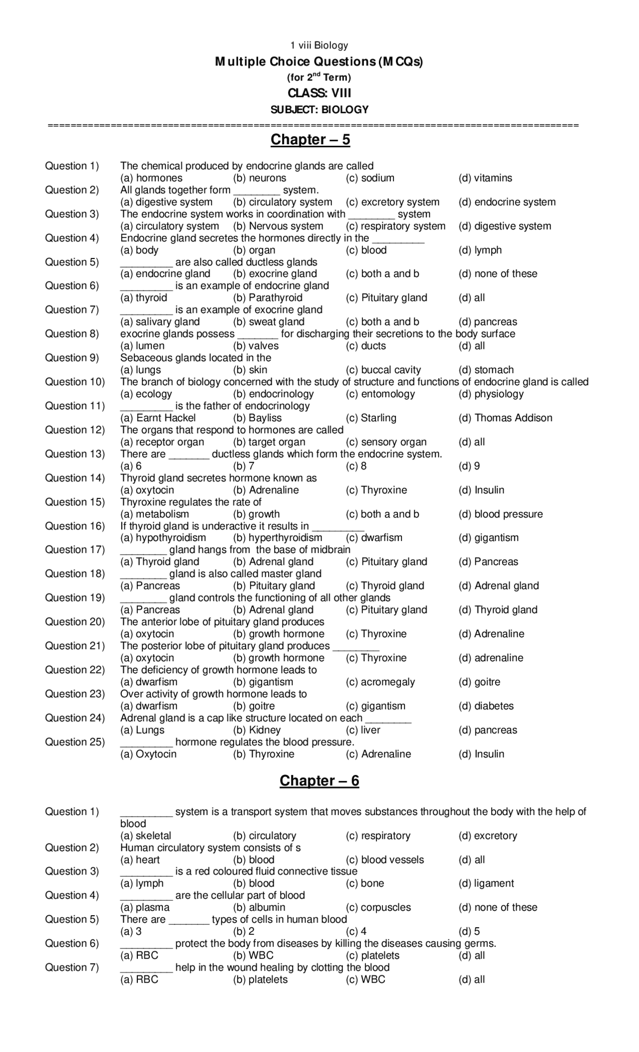 Multiple Choice Questions (MCQs) CLASS: VIII Chapter | Lecture notes ...