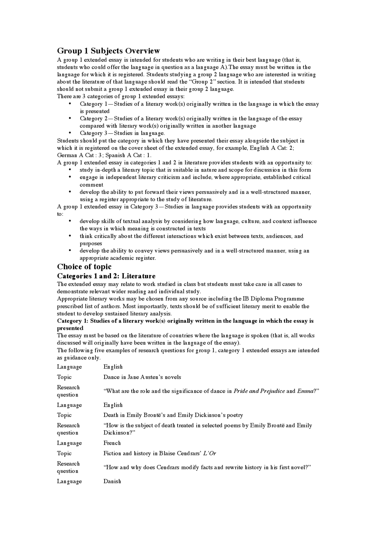 Extended Essay Group 1 Subjects | Slides Literature | Docsity
