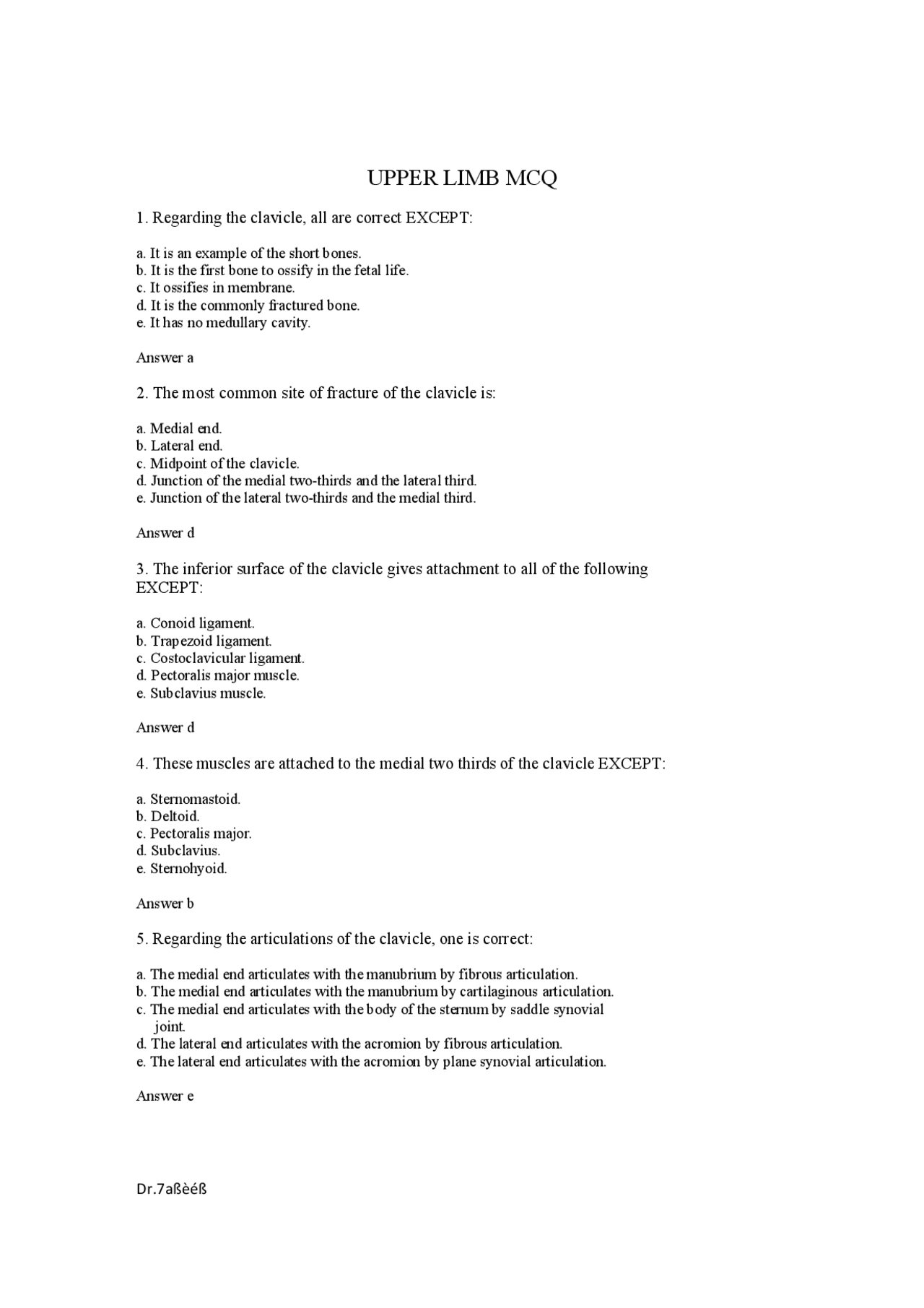 UPPER LIMB MCQ | Exams Anatomy | Docsity