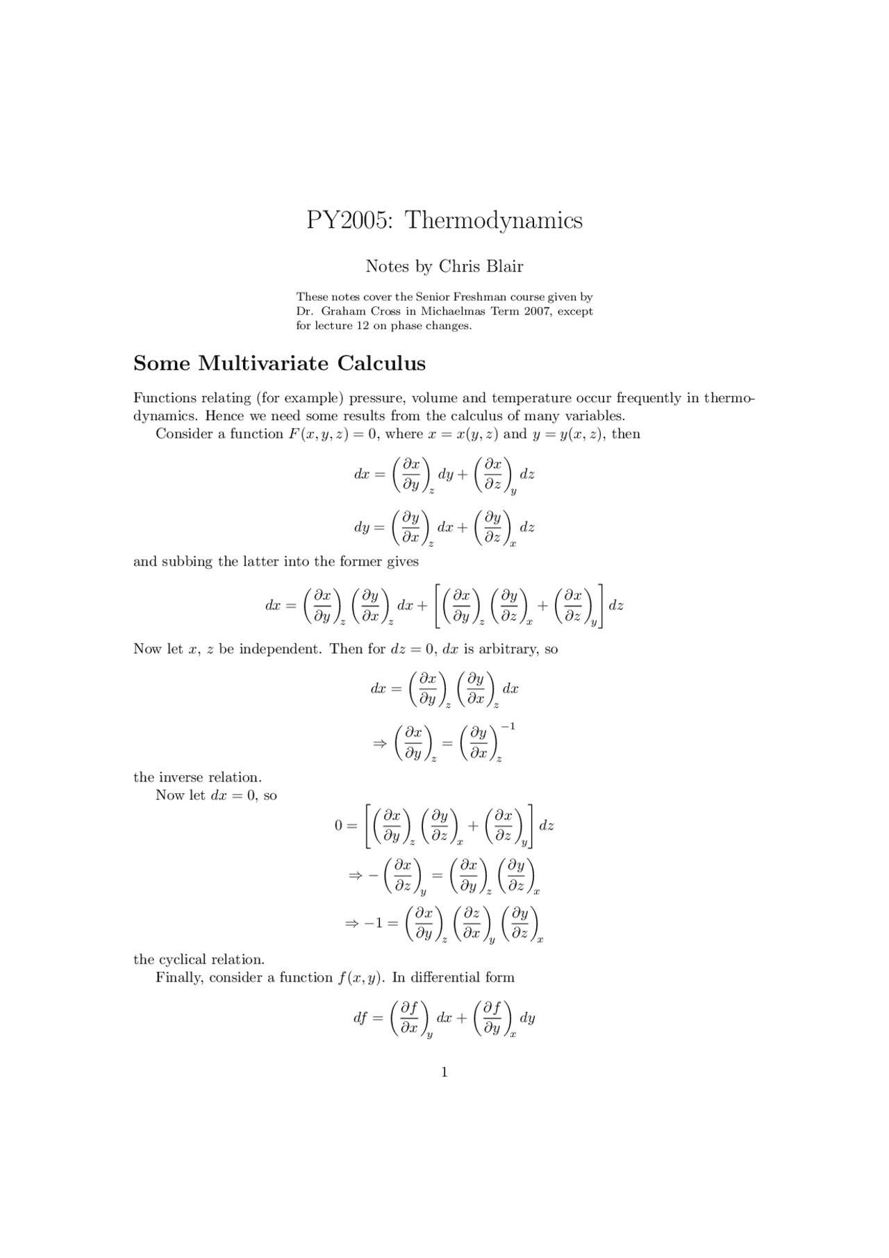 PY2005: Thermodynamics | Study notes Thermodynamics | Docsity
