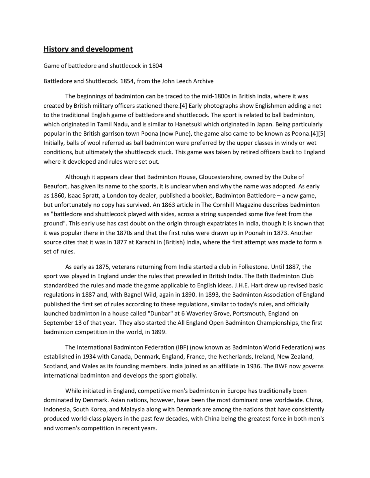 History and Development of Badminton.pdf | Exams History - Docsity