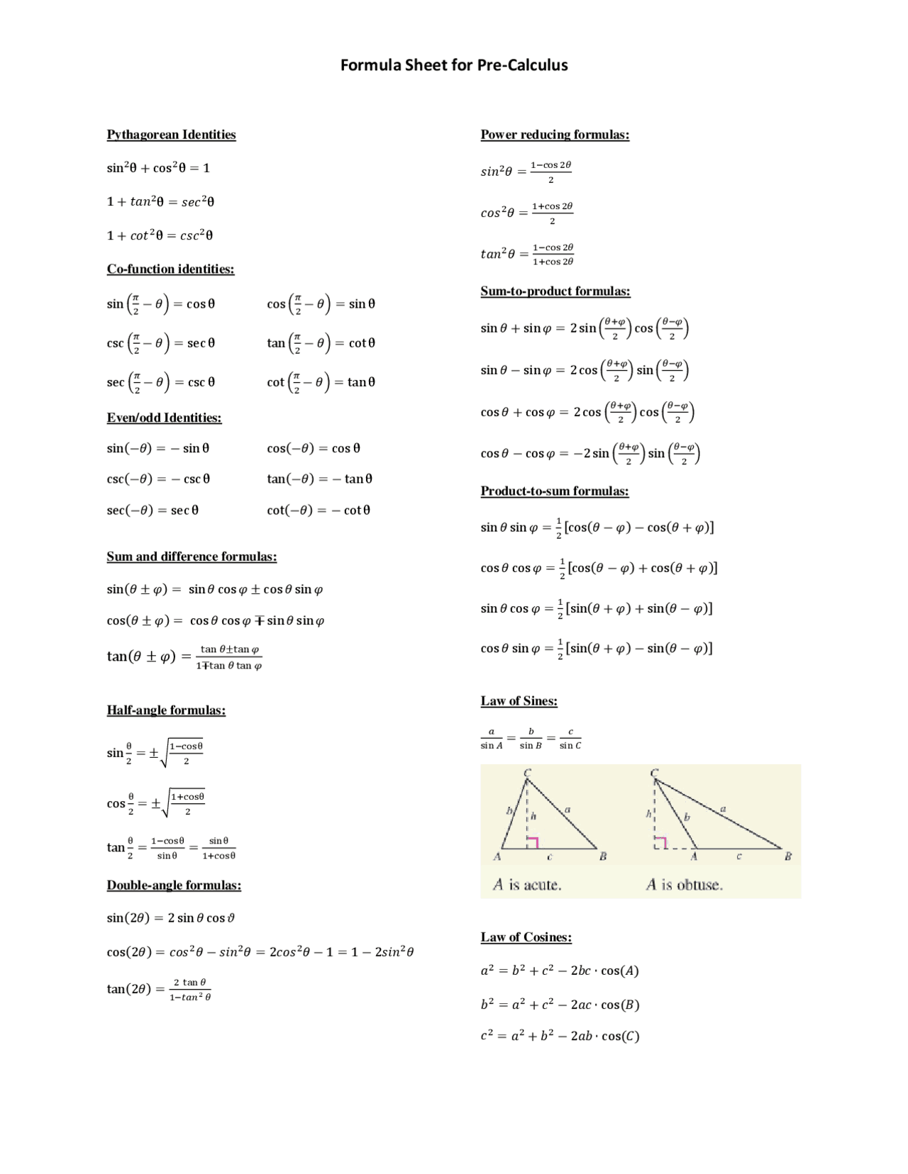 Formula Sheet for Pre-Calculus | Lecture notes Pre-Calculus | Docsity