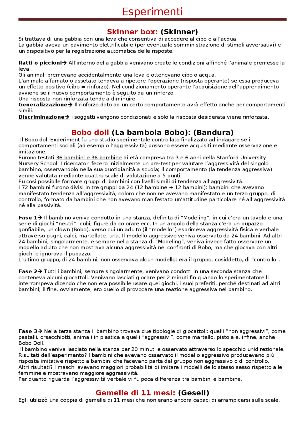 Esperimenti Psicologia Generale | Esercizi di Psicologia Generale - Docsity