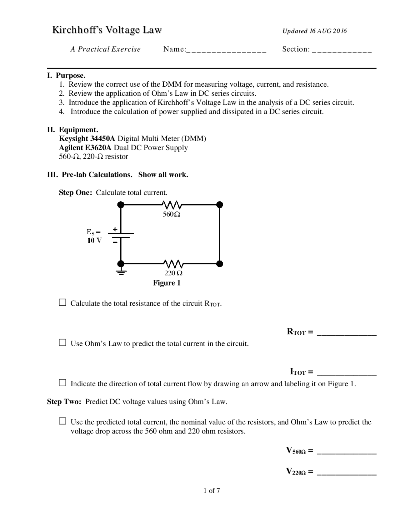 Kirchhoff's Voltage Law | Study notes Law | Docsity