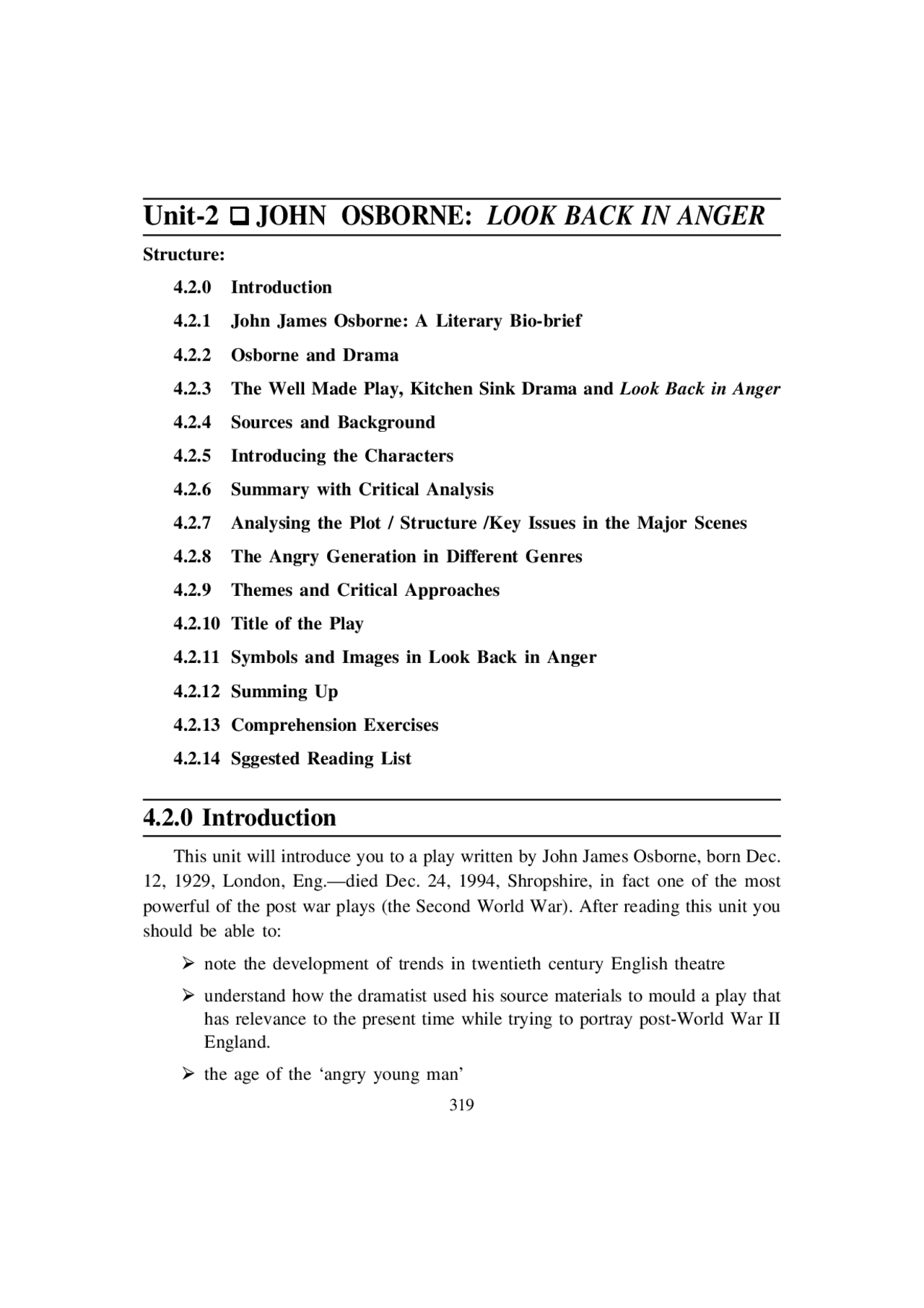 Unit-2 JOHN OSBORNE: LOOK BACK IN ANGER | Study notes Theatre | Docsity
