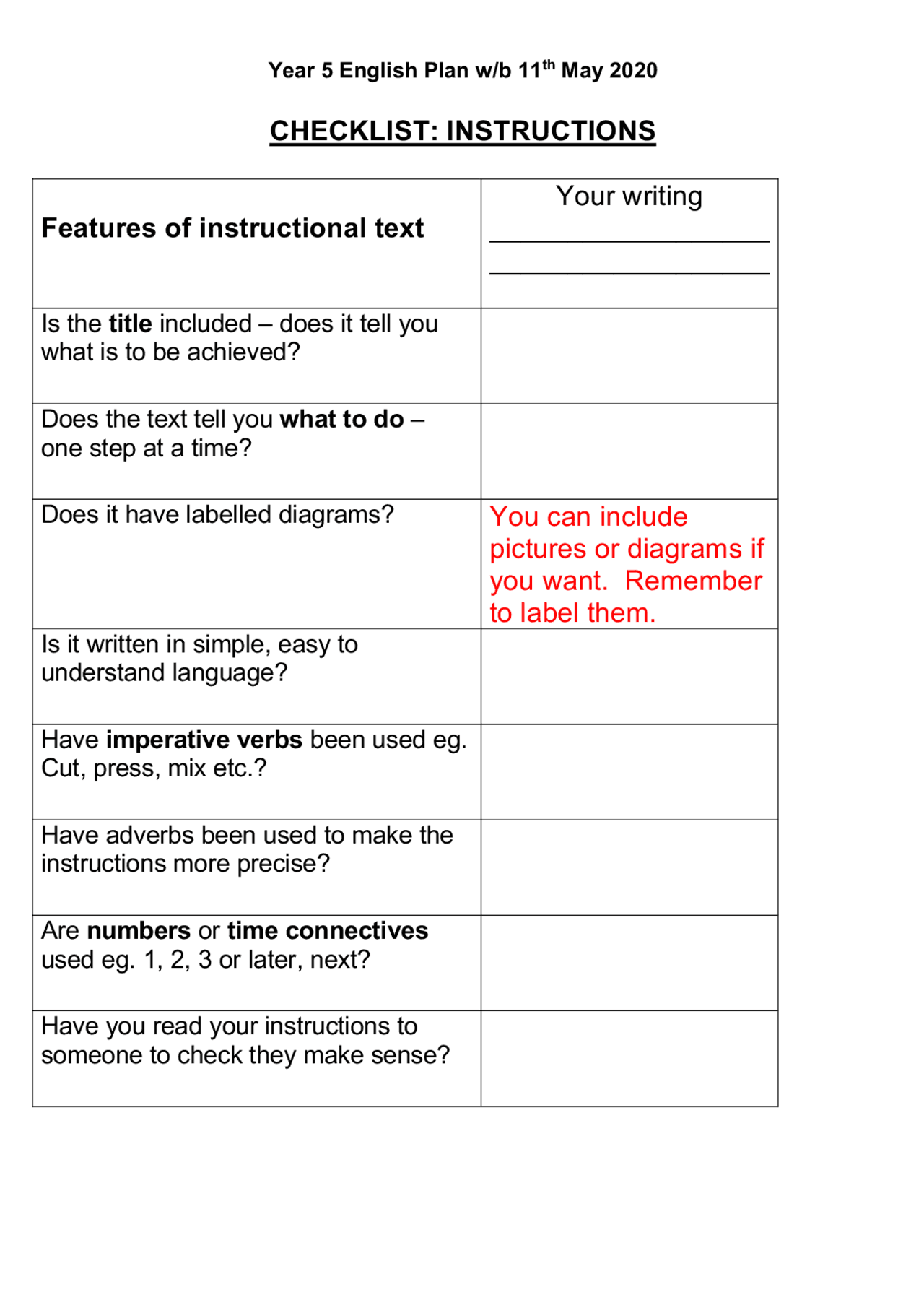 English Instructional Text Checklist for Year 5 Students | Study notes ...