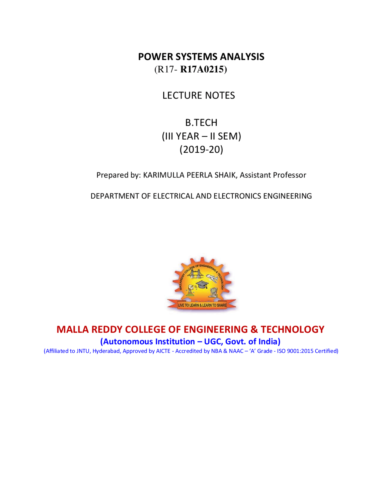 Power Systems Analysis R17 R17a0215 Slides Differential
