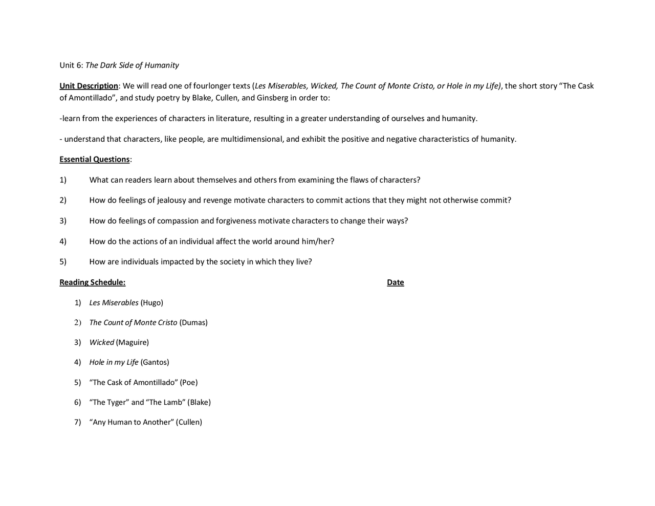 Unit 6: The Dark Side of Humanity | Study notes Poetry | Docsity