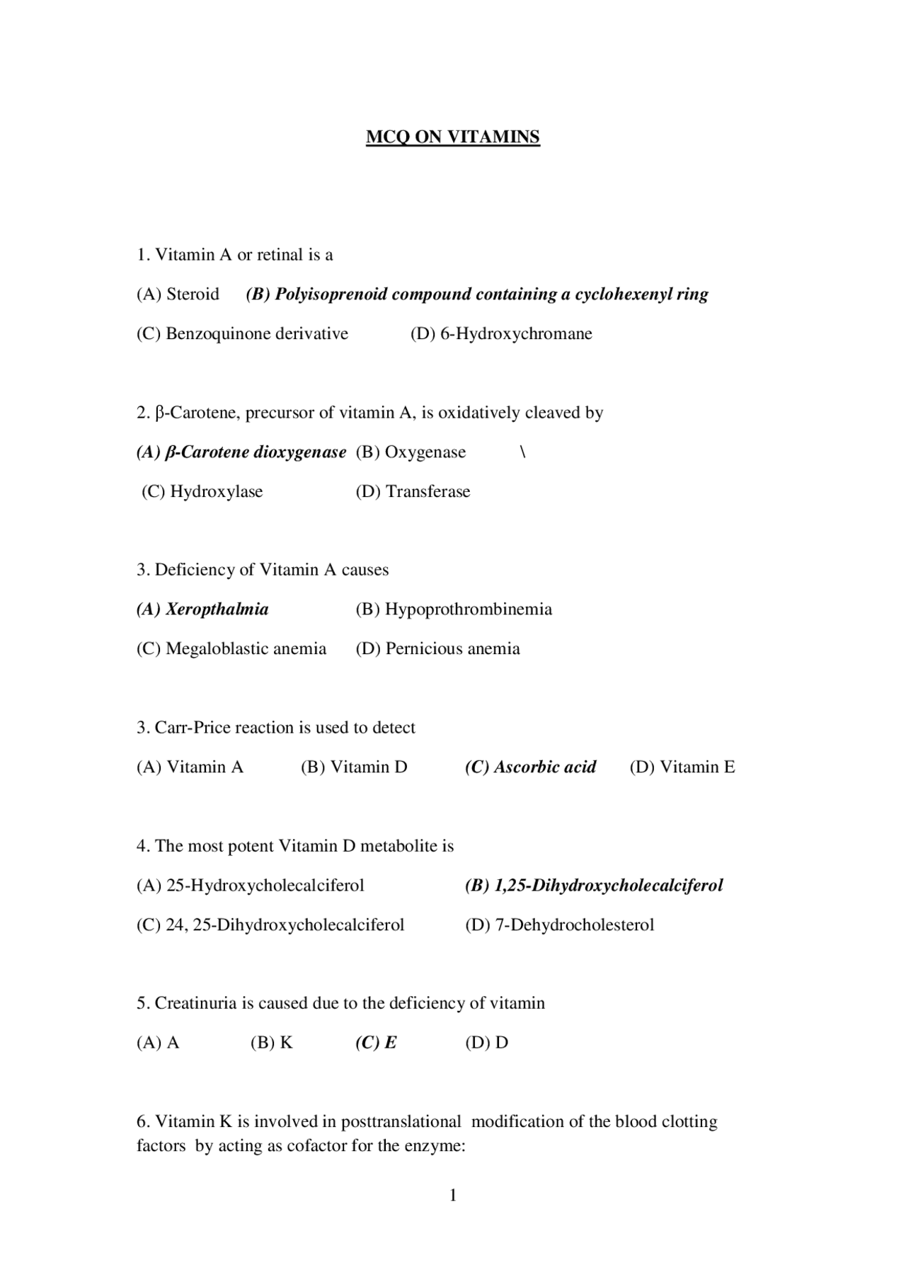 Mcq On Vitamins Schemes And Mind Maps Biochemistry Docsity