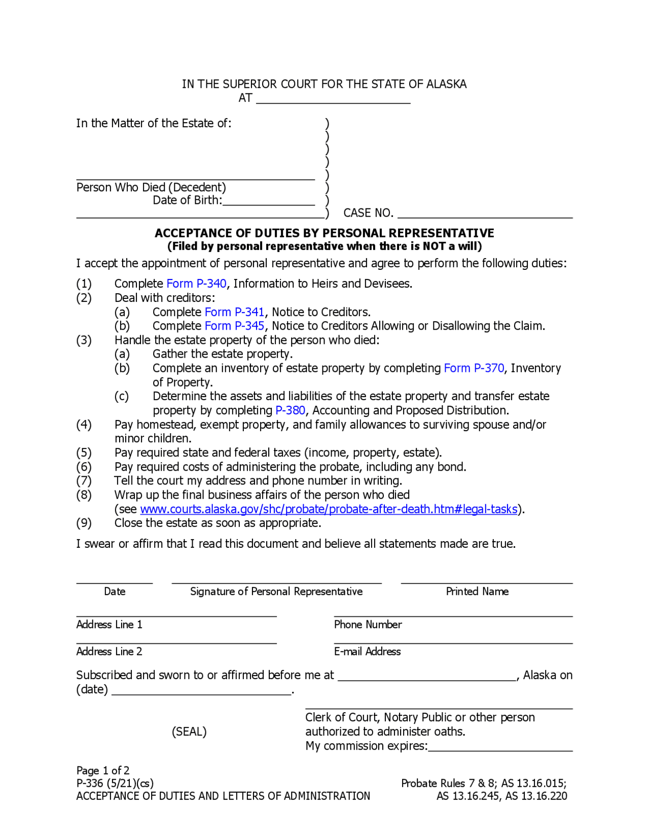 P-336 Acceptance of Duties and Letters of Administration | Study notes ...