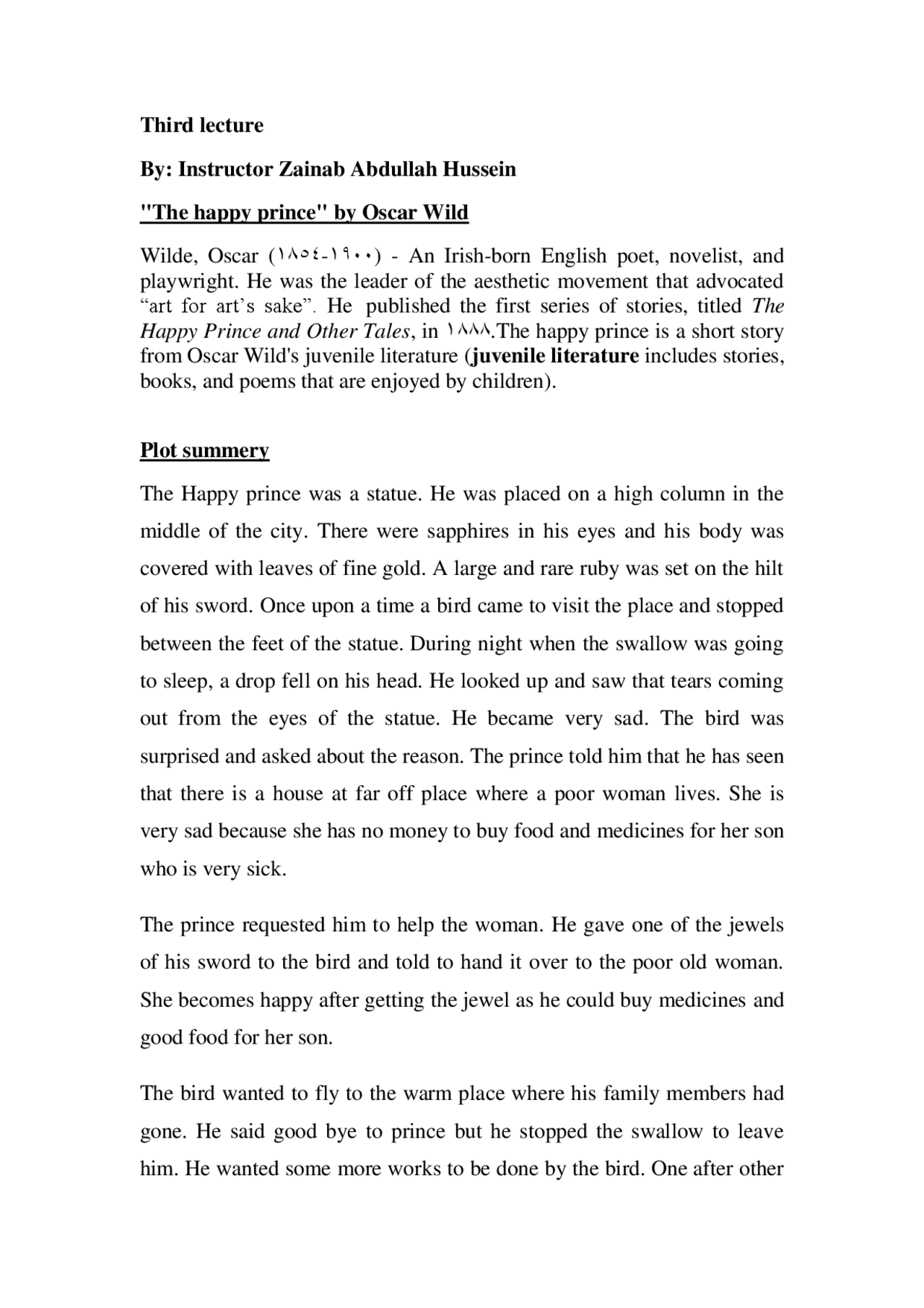 Instructor Zainab Abdullah Hussein The Happy Prince By Lecture