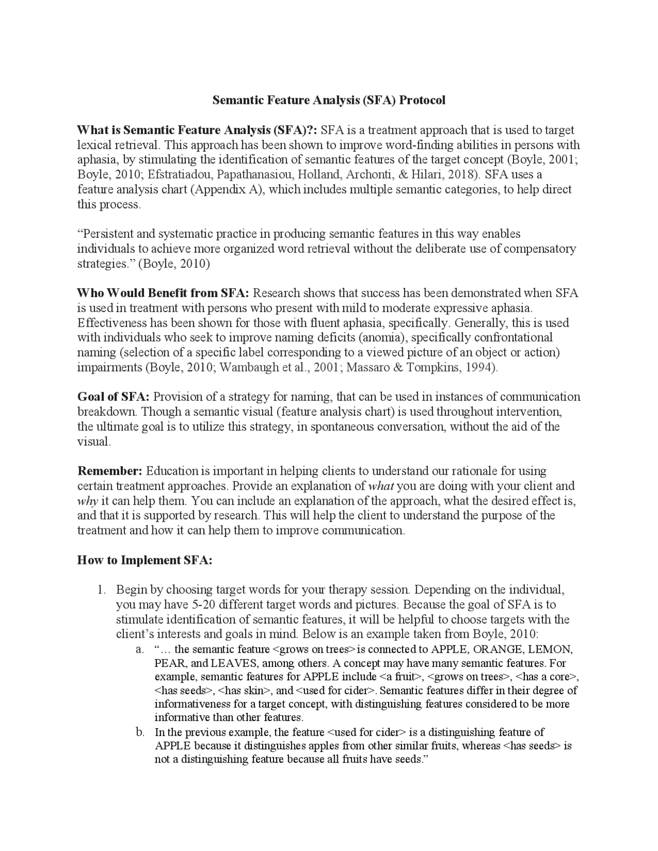 Semantic Feature Analysis Sfa Protocol Summaries Communication