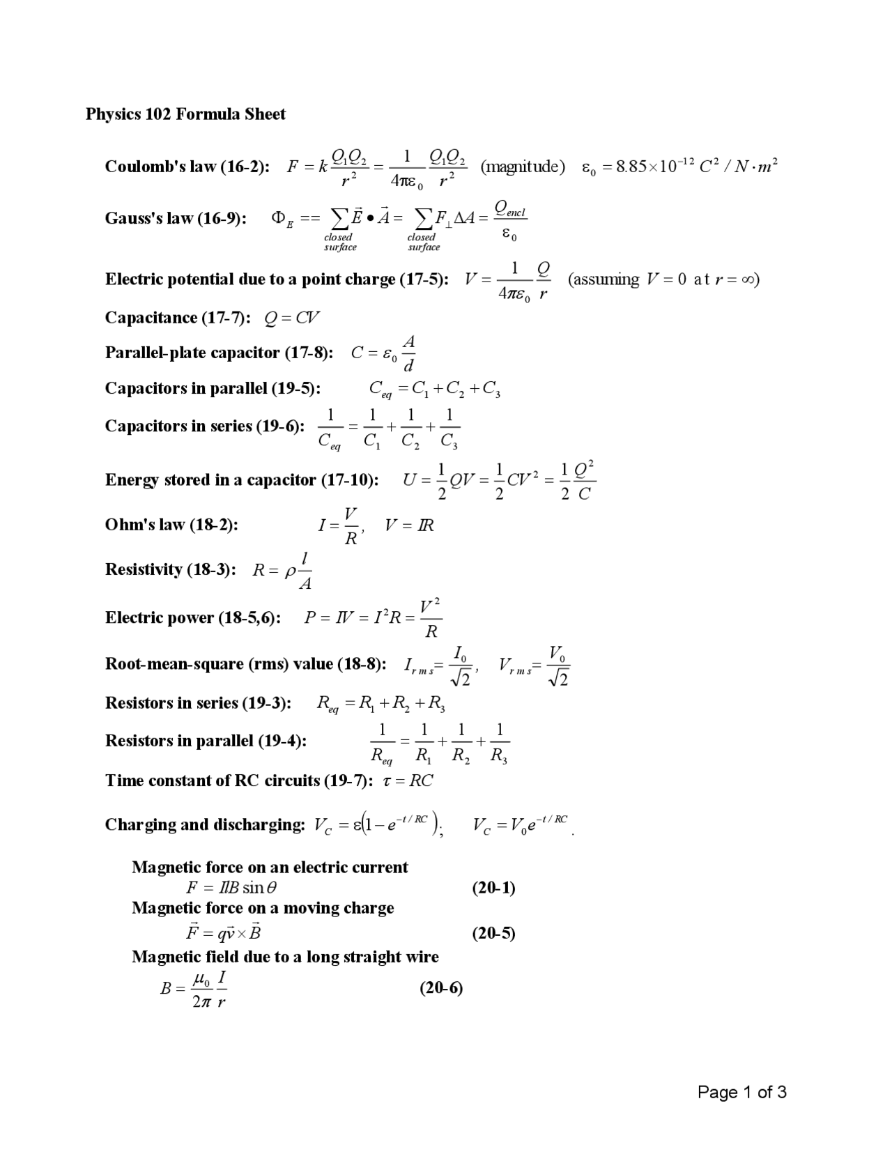 Formulasheet.pdf | Lecture notes Physics | Docsity